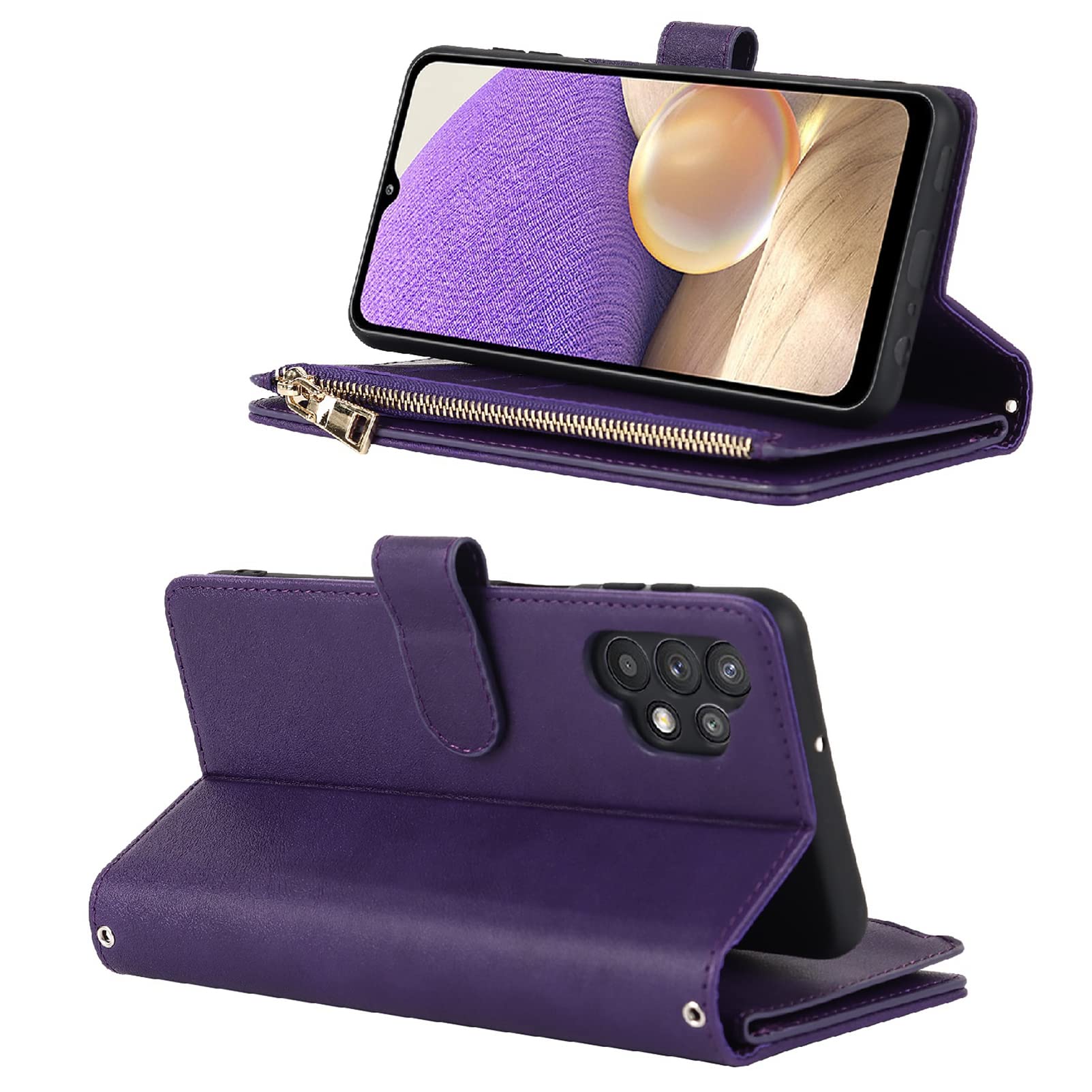 Jaorty Samsung Galaxy A32 5G Wallet Case,[9 Card Slots] Removable Adjustable Crossbody Necklace Lanyard Shoulder Strap Zipper Magnetic Leather Case for Samsung Galaxy A32 5G,6.5 inch Purple