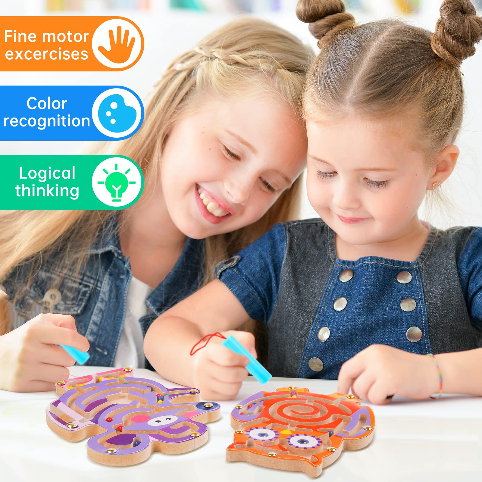 NiToy 4PCS Wooden Magnetic Maze Toys for Kids 3+, 7''x8'' Animal Interactive Puzzle Game Board Montessori Labyrinth STEM Activity Child Fine Motor Skill Development Preschool Birthday Gift (4 Animals)