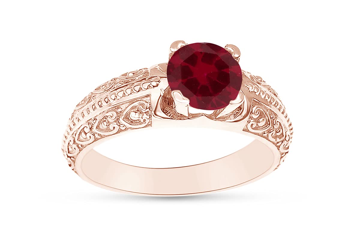 AFFY Round Shape Simulated Ruby In 14K Rose Gold Over 925 Sterling Silver Ring Size 4