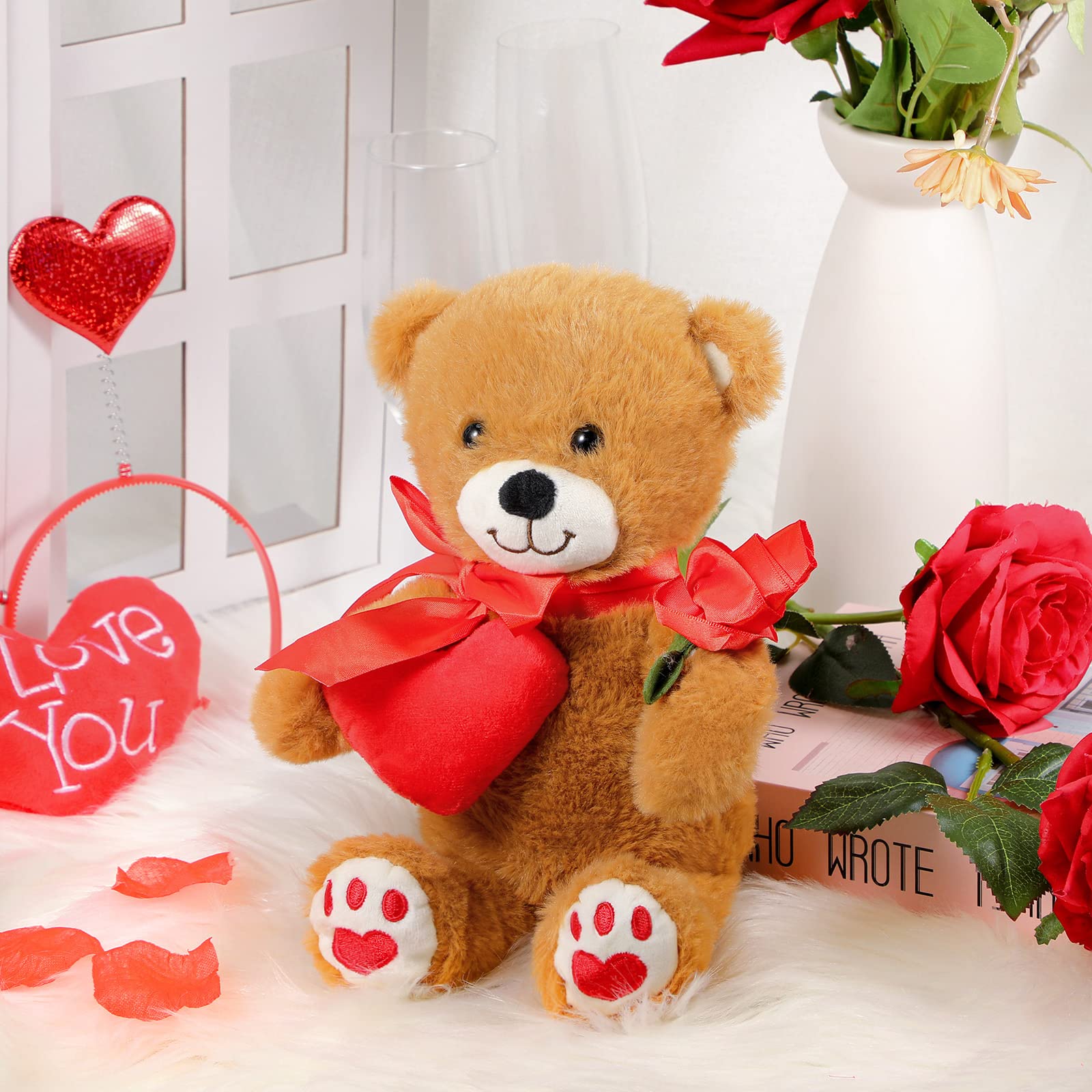 Cute Plush Bear with Rose and Red Heart Soft Plush Bear Stuffed Animal with Gift Bag for Mother's Day Present Lovely Bear for Kids Girlfriend Sofa Car Bedroom Decor, 8 Inches