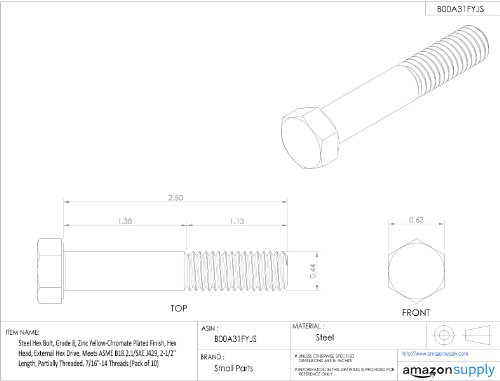 Steel Hex Bolt, Grade 8, Zinc Yellow-Chromate Plated Finish, Hex Head, External Hex Drive, Meets ASME B18.2.1/SAE J429, 2-1/2" Length, Partially Threaded, 7/16"-14 Threads (Pack of 10)