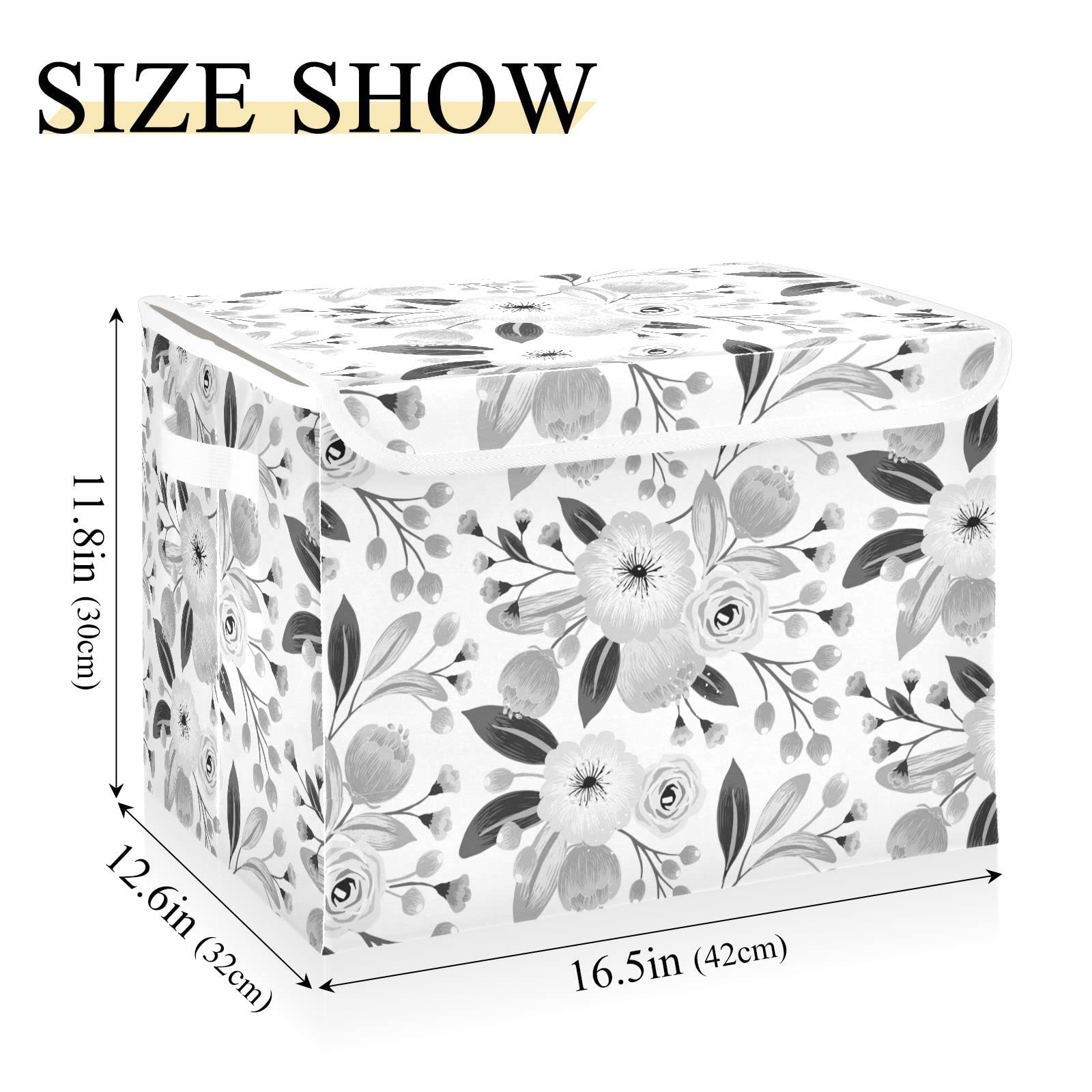Black Grey Floral Flowers on White Storage Basket Bin with Lid, Foldable Bucket Box Closet Organizer Laundry Hamper for Home Office 16.5x12.6x11.8 in