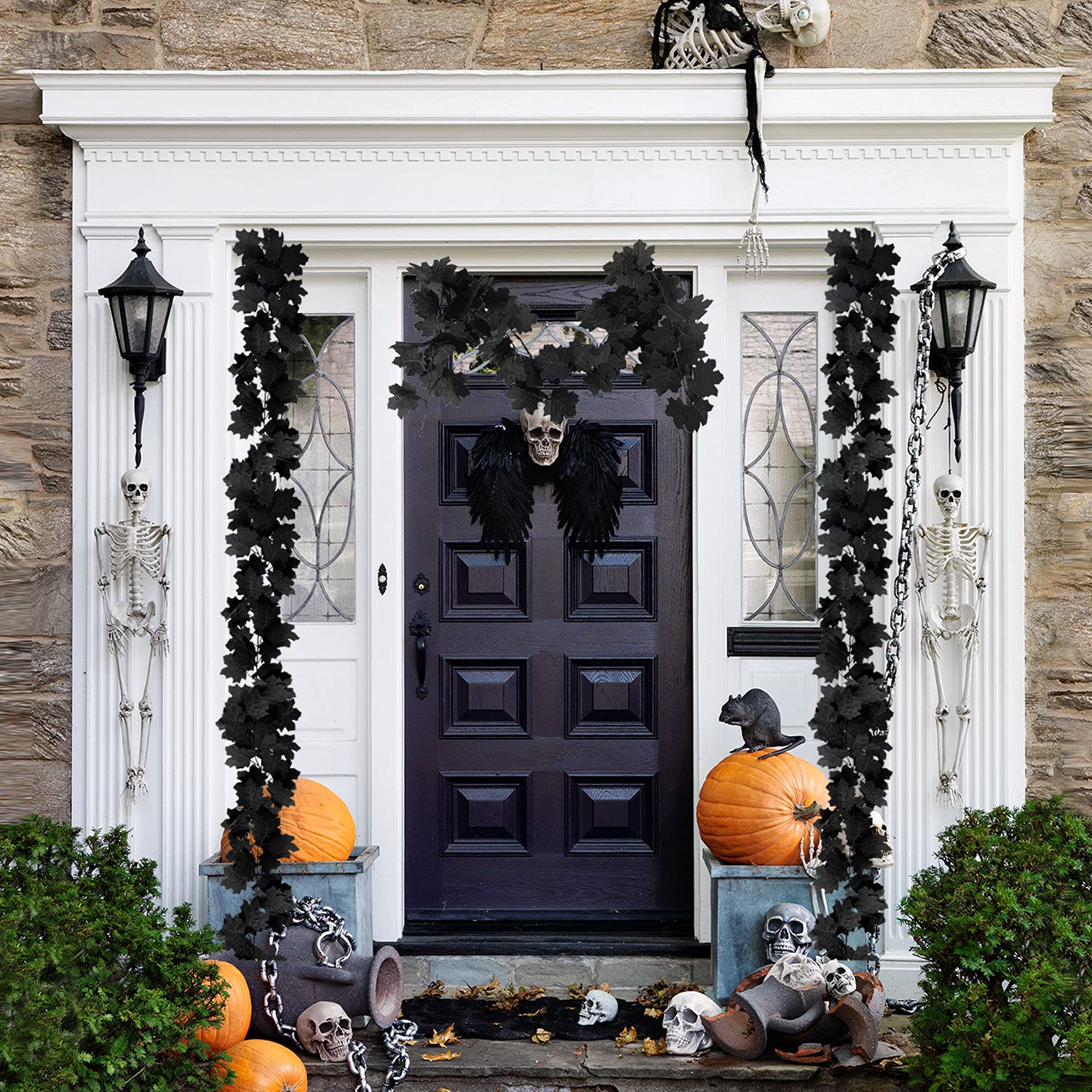 Black Leaf Garland, 4PCS Halloween Artificial Hanging Fall Leave Maple Vines, Fall Floral Garlands Thanksgiving Decor for Home Wedding Party (23.6FT)