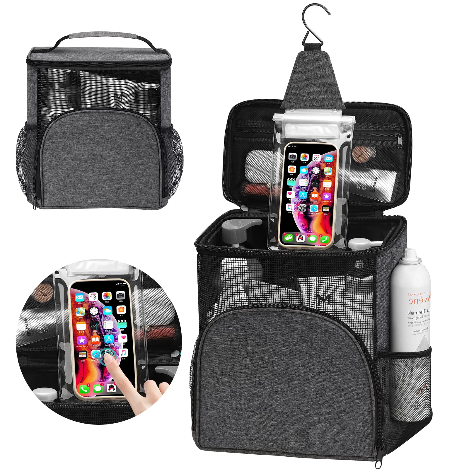 BINSUNS Portable Shower Caddy, Hanging Toiletry Bag with Phone Pocket, Travel Shower Caddy Organizer College Essentials - College, Dorms, Gym, Camp, Bath(Cow)