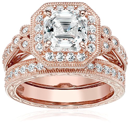 Amazon Essentials Rose Gold Plated Sterling Silver Infinite Elements Cubic Zirconia Asscher Antique Wedding Ring Set, Size 9 (previously Amazon Collection)