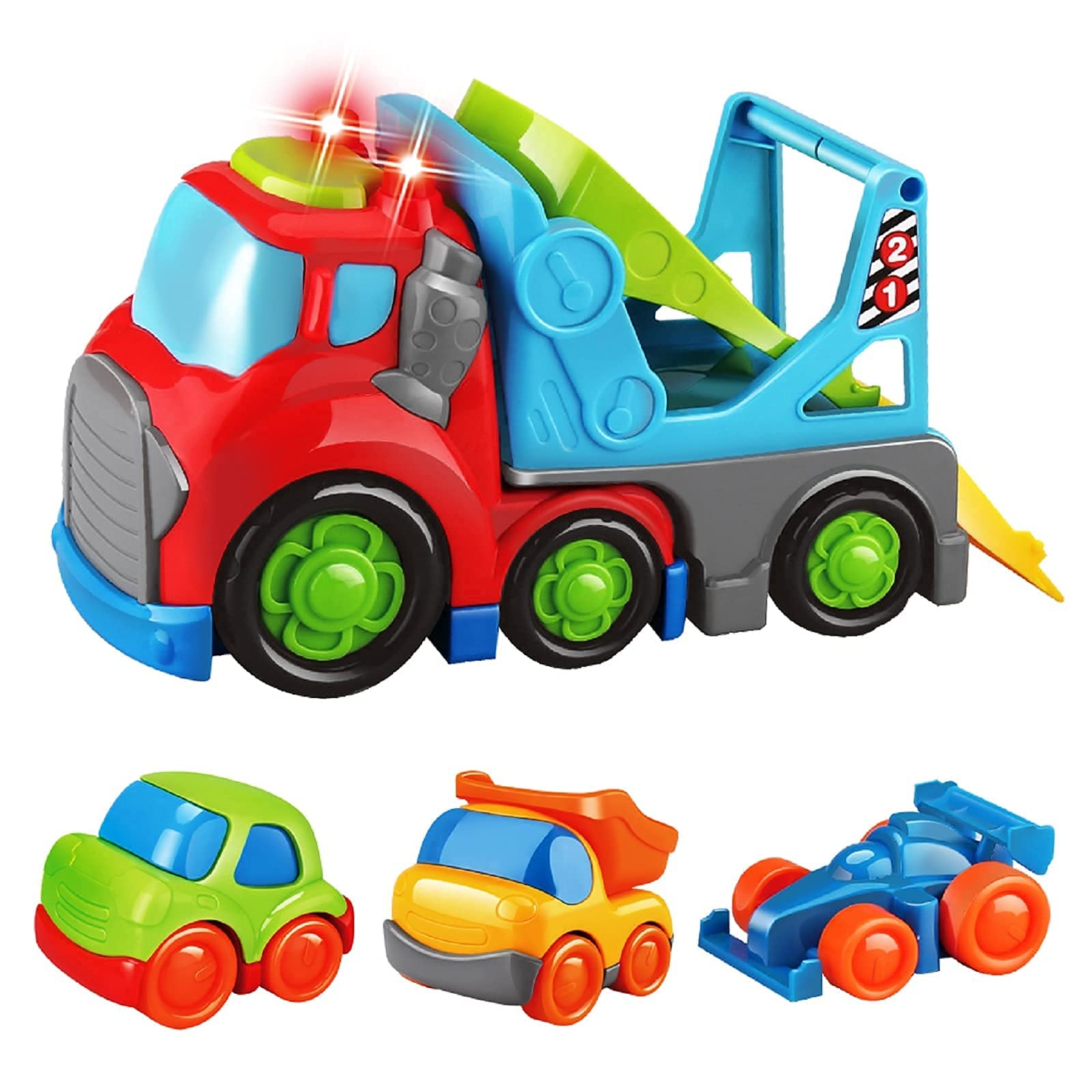 Forty4 Cars Toy for 2 3 4 Years Old Toddlers, Big Transport Truck with Small Dump, Taxi & Race Car, Carrier Truck with Sound & Light, Colorful Vehicles Playset, Christmas Toy for Boys & Girls