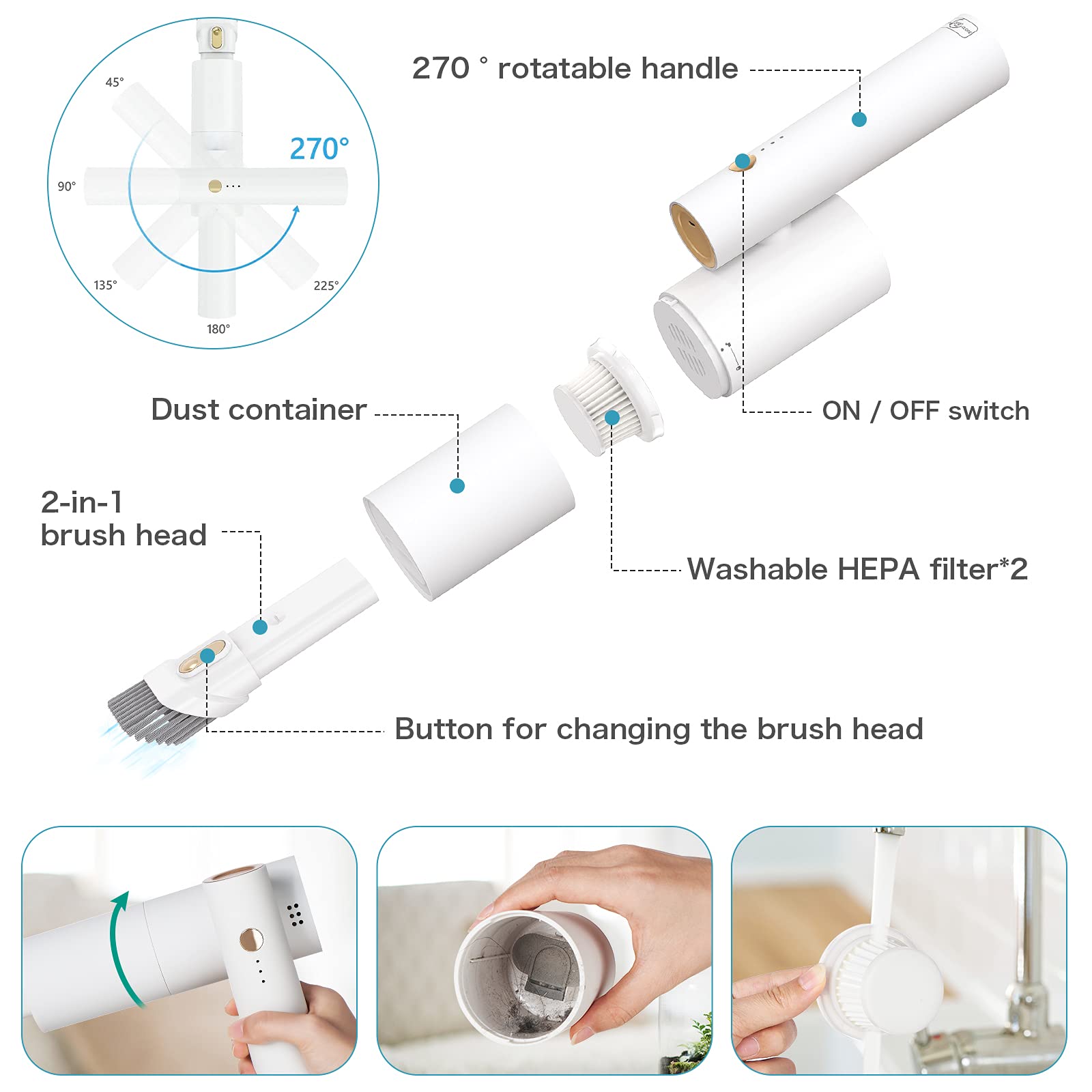 Handheld Vacuum, Mini Vacuum, Hand Vacuum Dust Buster with 8000Pa Strong Suction, 150W High Power, USB Rechargeable 270-Degree Rotatable Cordless Portable Vacuum for Home Office and Car
