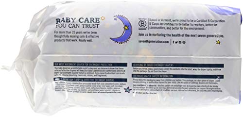 Seventh Generation Baby Overnight Diapers, Free & Clear, Stage 4, 22-32lbs, 24 count (Packaging May Vary)