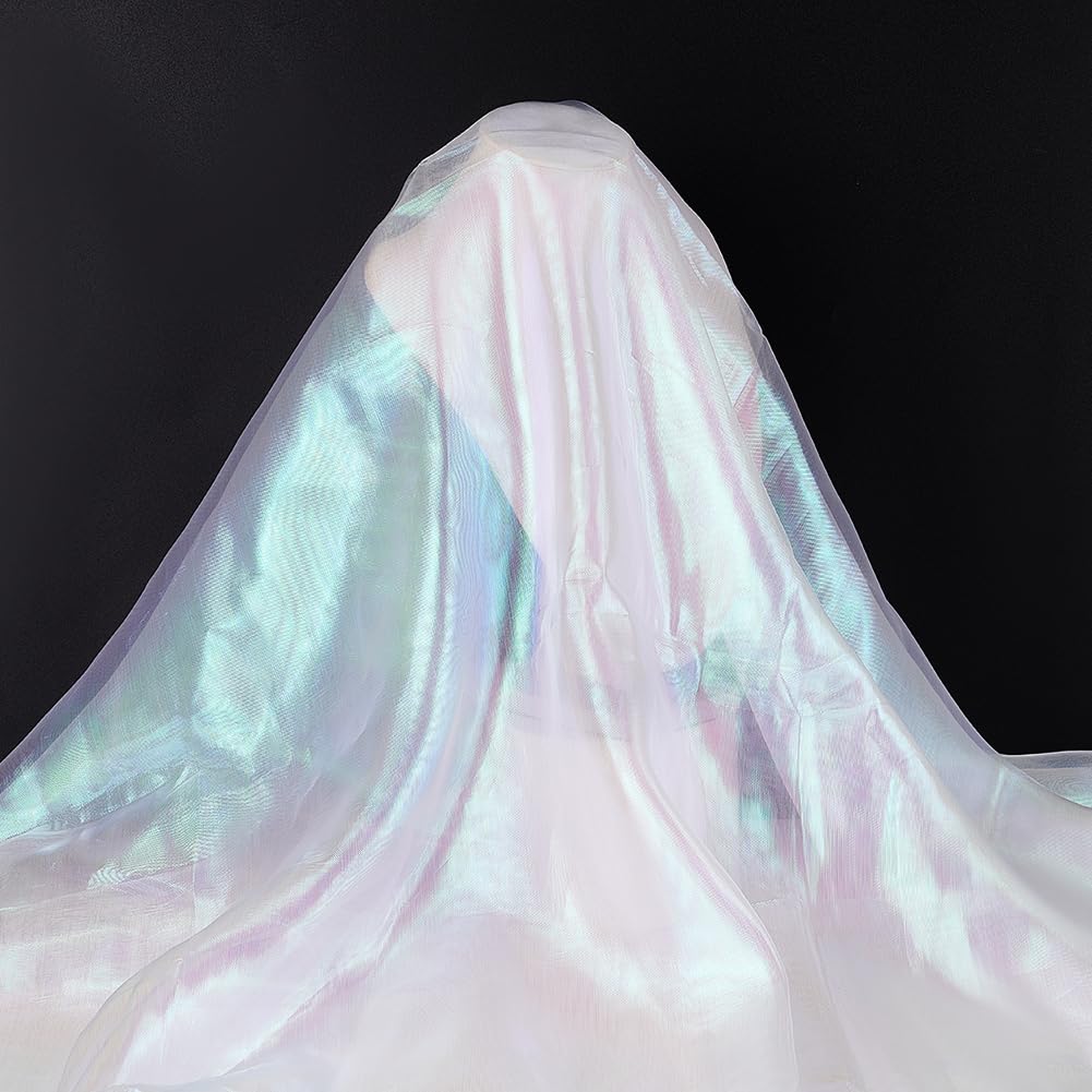 BENECREAT 3.3 Yard Magic White Rainbow Laser Gradient Organza Lace Fabric, Iridescent Holographic Gauze Fabric for Bridal Veils Dress, DIY Crafts Curtain Home Decor