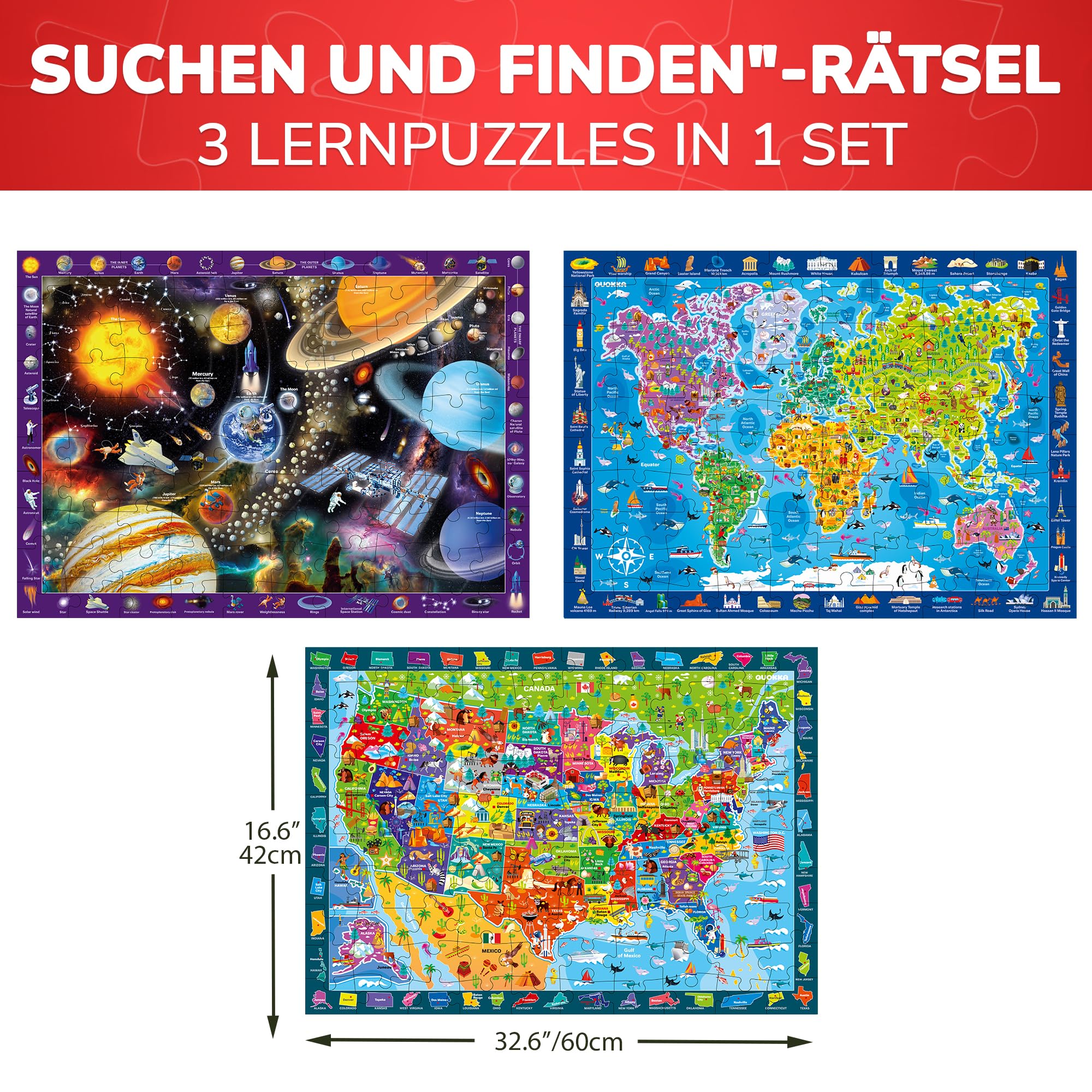 QUOKKA 100 Piece Puzzles for Kids Ages 4-6 – 3 Pack Floor Puzzles for Kids 8-10 Year Old – Learning Games World Map & Space 5-7 – United States Educational Puzzles for Toddlers 3-5
