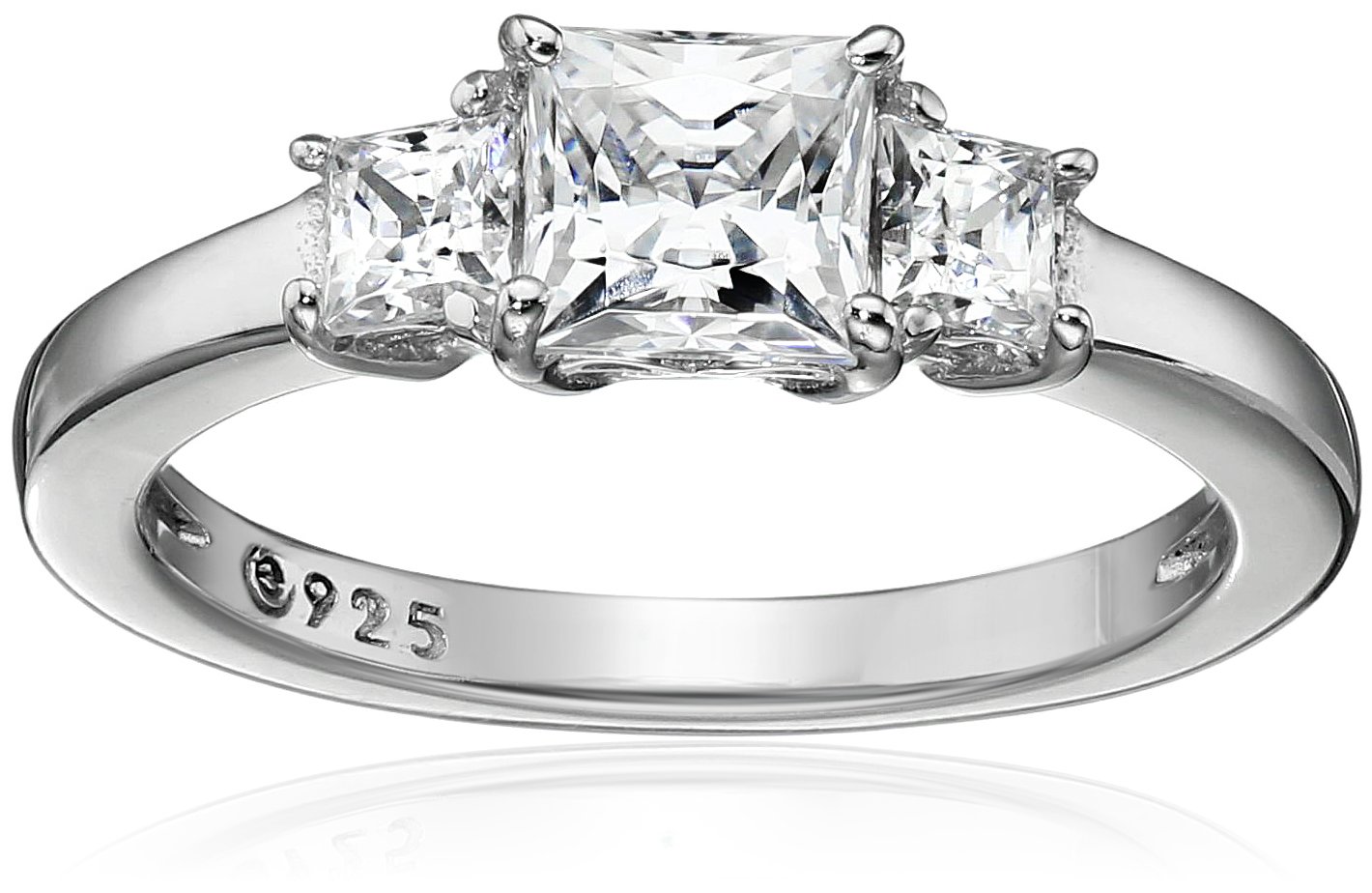 Amazon Essentials Platinum-Plated Sterling Silver Infinite Elements Cubic Zirconia 1 cttw Princess 3 Stone Ring, Size 5, (previously Amazon Collection)
