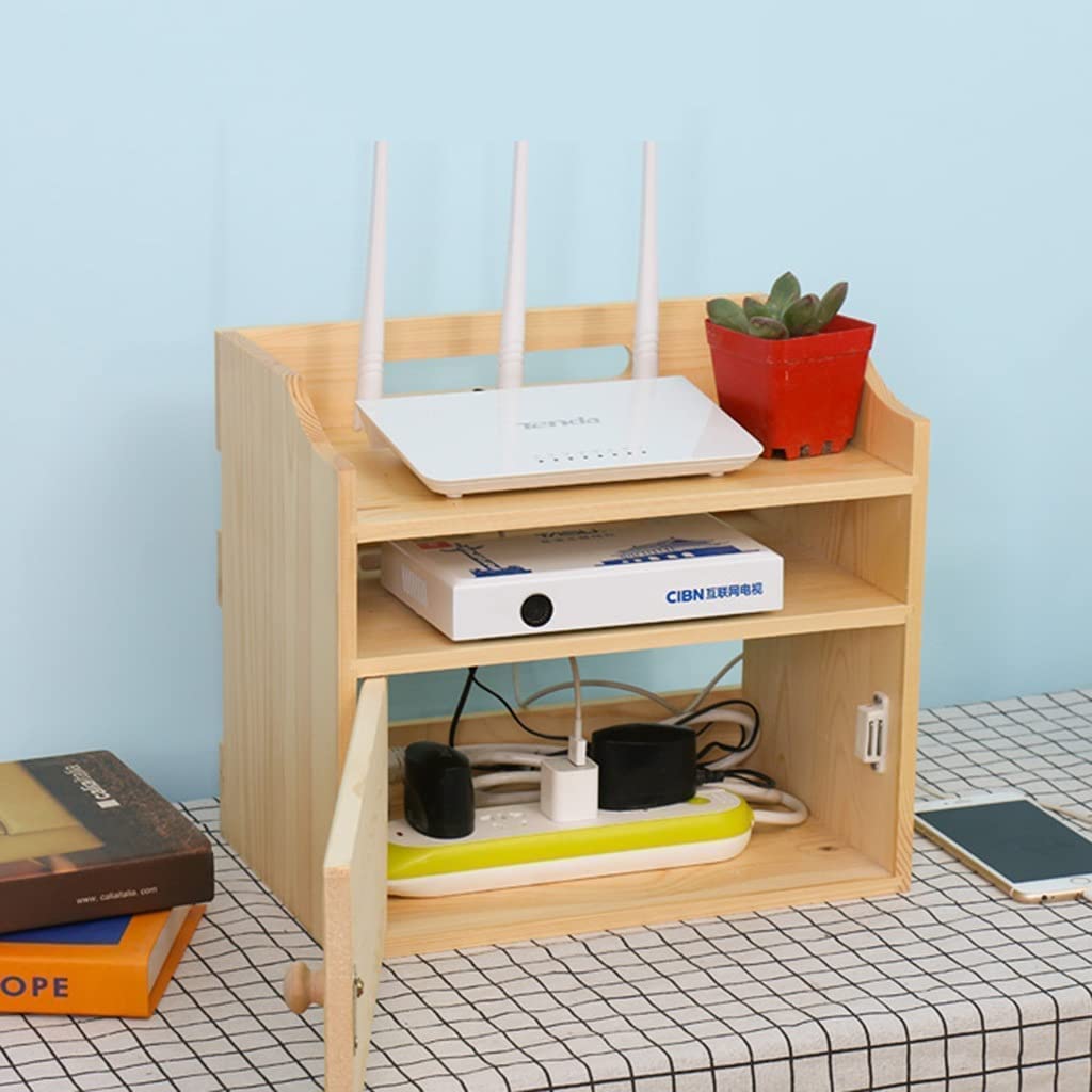 AVEEWA Wireless Router Storage Shelf Solid Wood Wireless Router Storage Box Desktop Set-Top Box Rack WiFi Box/Wood Color/32 * 21.5 * 28.5Cm