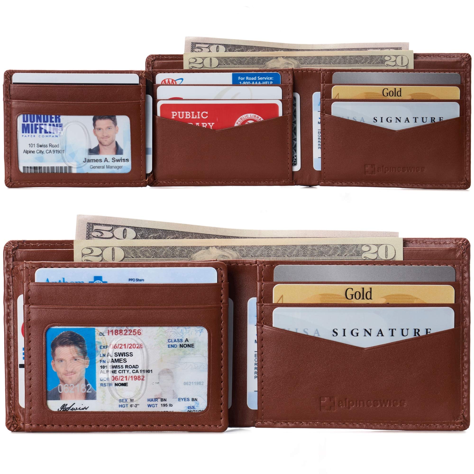 Alpine Swiss Mens Spencer RFID Bifold Wallet 2 ID Windows Divided Bill Section Smooth Leather Comes in a Gift Box Black