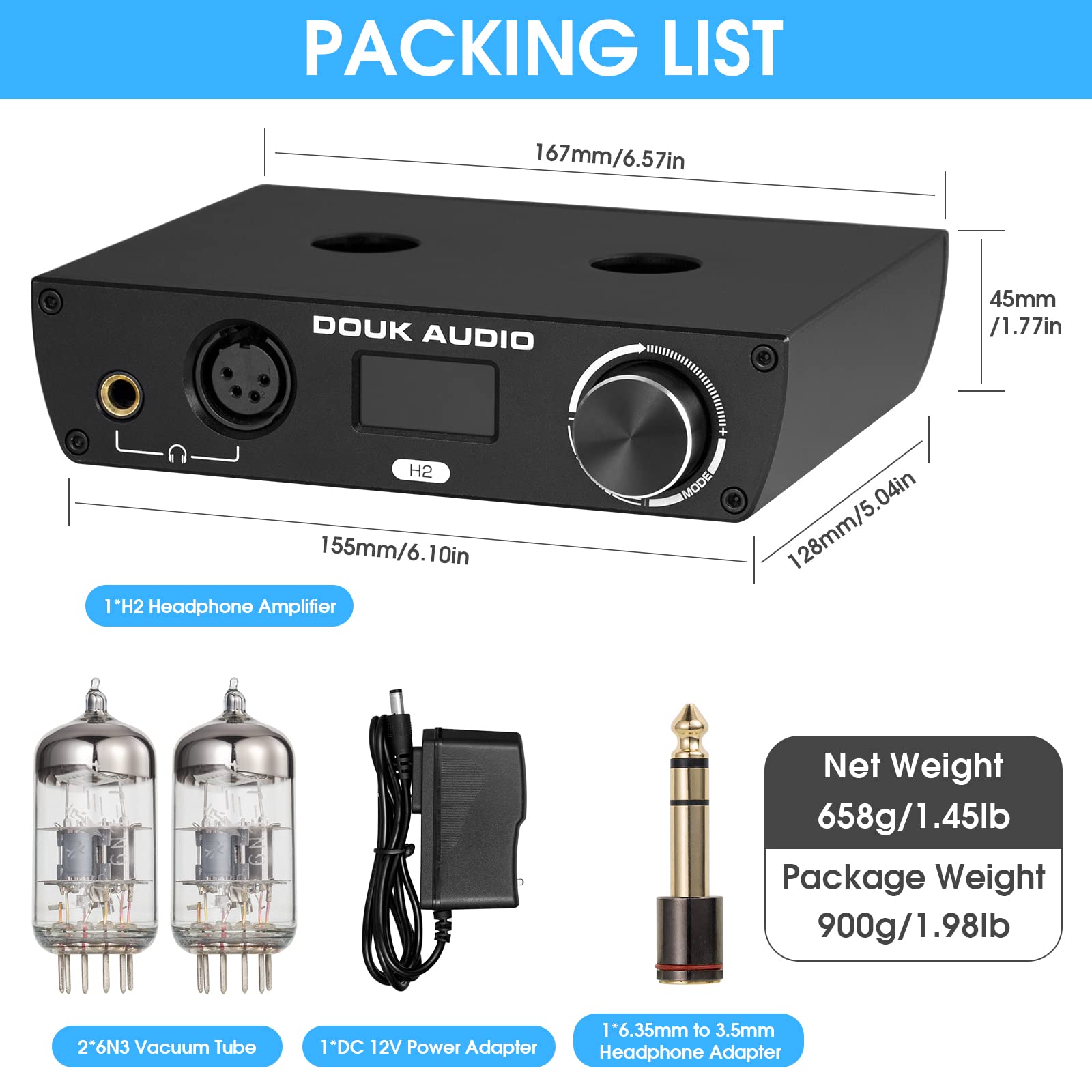 Douk Audio H2 Vacuum Tube Balanced Headphone Amplifier Amp with XLR, RCA, 6.35mm Ports and LED Display for Desktop Home Audio