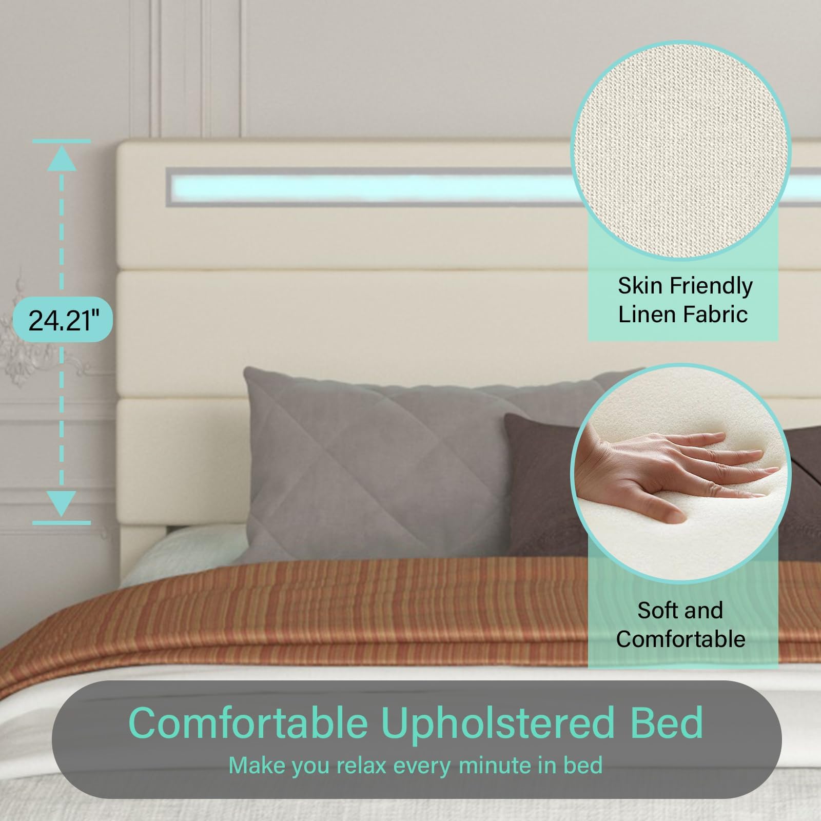 Benevika Upholstered Platform Queen Bed Frame with Large Storage, Modern Linen Fabric Headboard with LED Lights and Charging Station, Sturdy, Ottoman, No Box Spring Needed, Easy Assembly, Grey