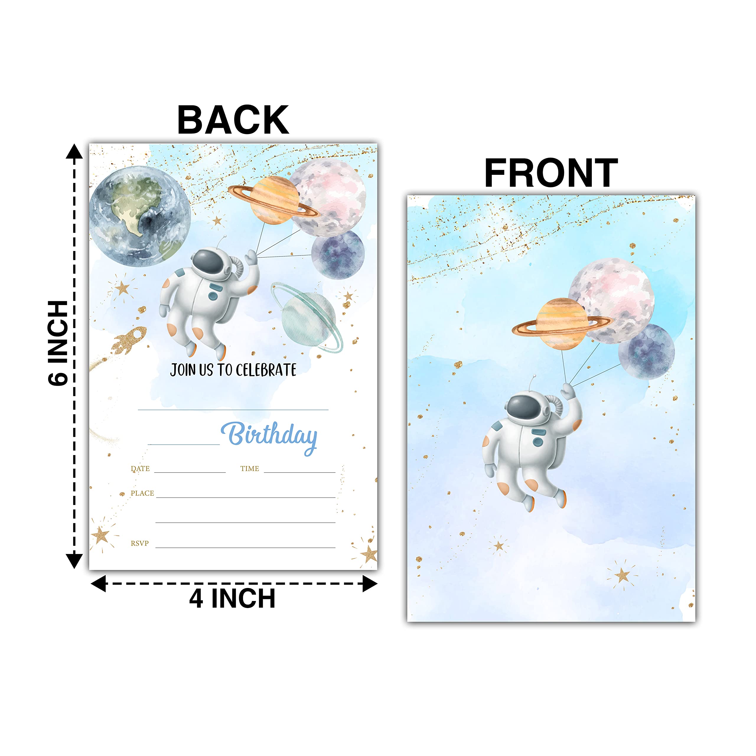Buildinest Outer Space Birthday Party Invitations with Envelopes (20-Pack), 4"x6" Moon Planets Astronaut Birthday Invitation Cards, Galaxy Blast Off Party Invites-B19