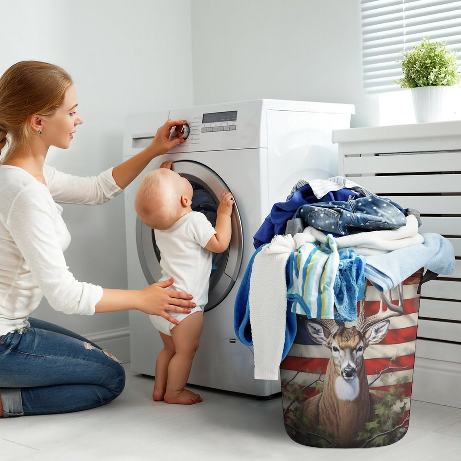 American Deer Flag Laundry Basket Hamper Bag Dirty Clothes Storage Bin Waterproof Foldable Toy Organizer for Bedroom Clothes Toys Basket