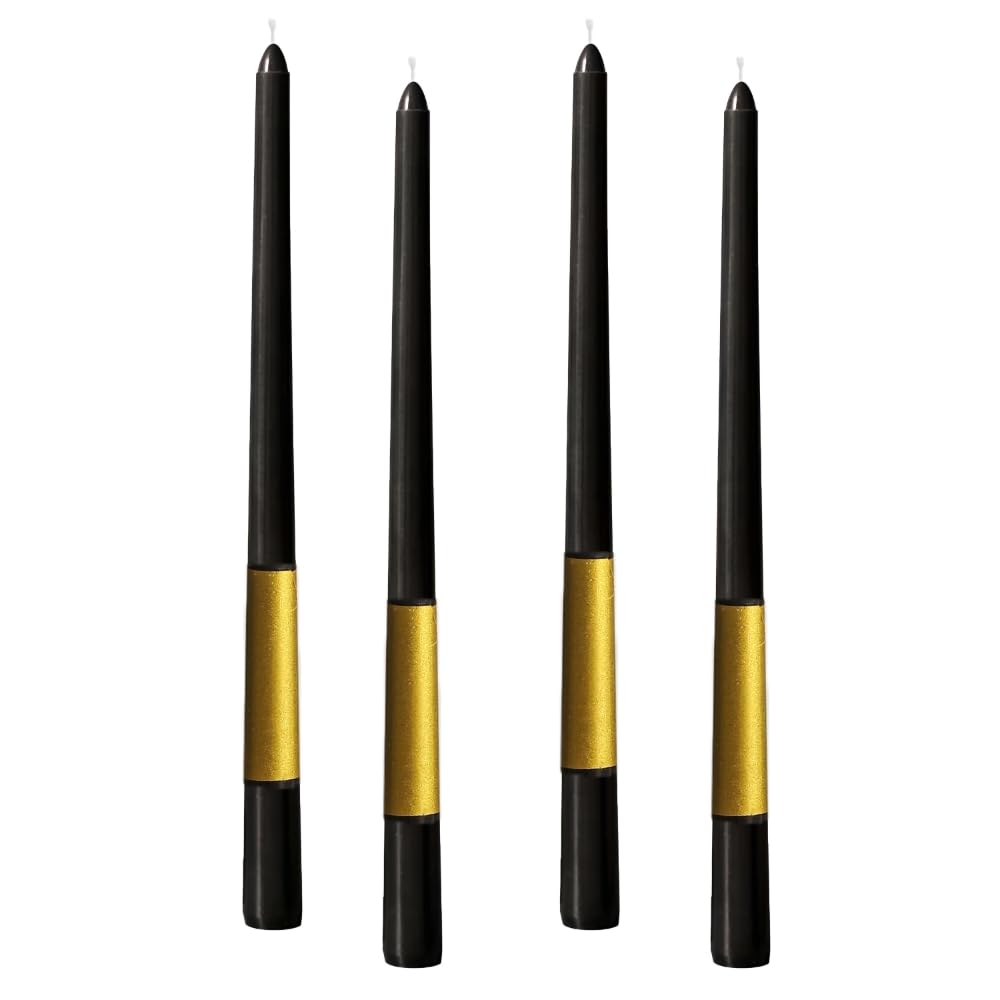 Black Taper Candles 12'' Tall with Gold Candle Sticks Set of 4 | Unscented | Home Decor Kitchen Decor Wedding Decorations (Gold)