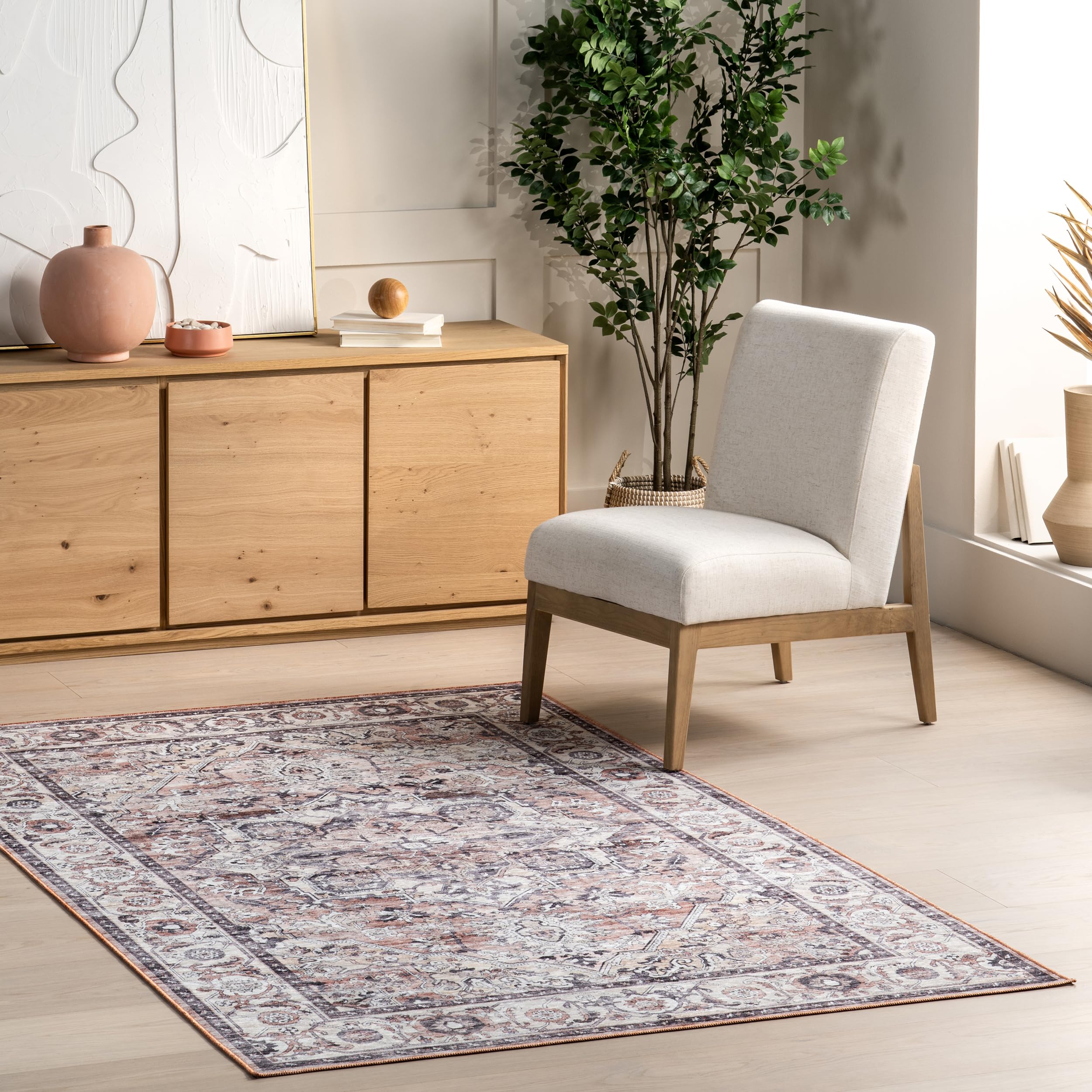 nuLOOM 4' x 6' SpinClean Machine Washable Stain-Resistant Area Rug Low Profile for Living Room, Bedroom, and Dining Room, Joslyn Blush