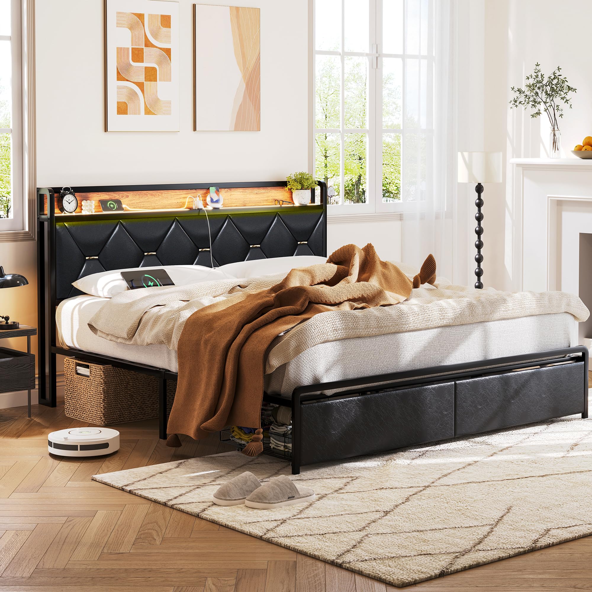 Ailisite Led Queen Size Bed Frame with Storage Headboard, Upholstered Bed Frame with TypC & TypA Charging Station, Black Queen Size Bed Frames with Storage Drawers, No Box Spring Needed,Easy Assembly