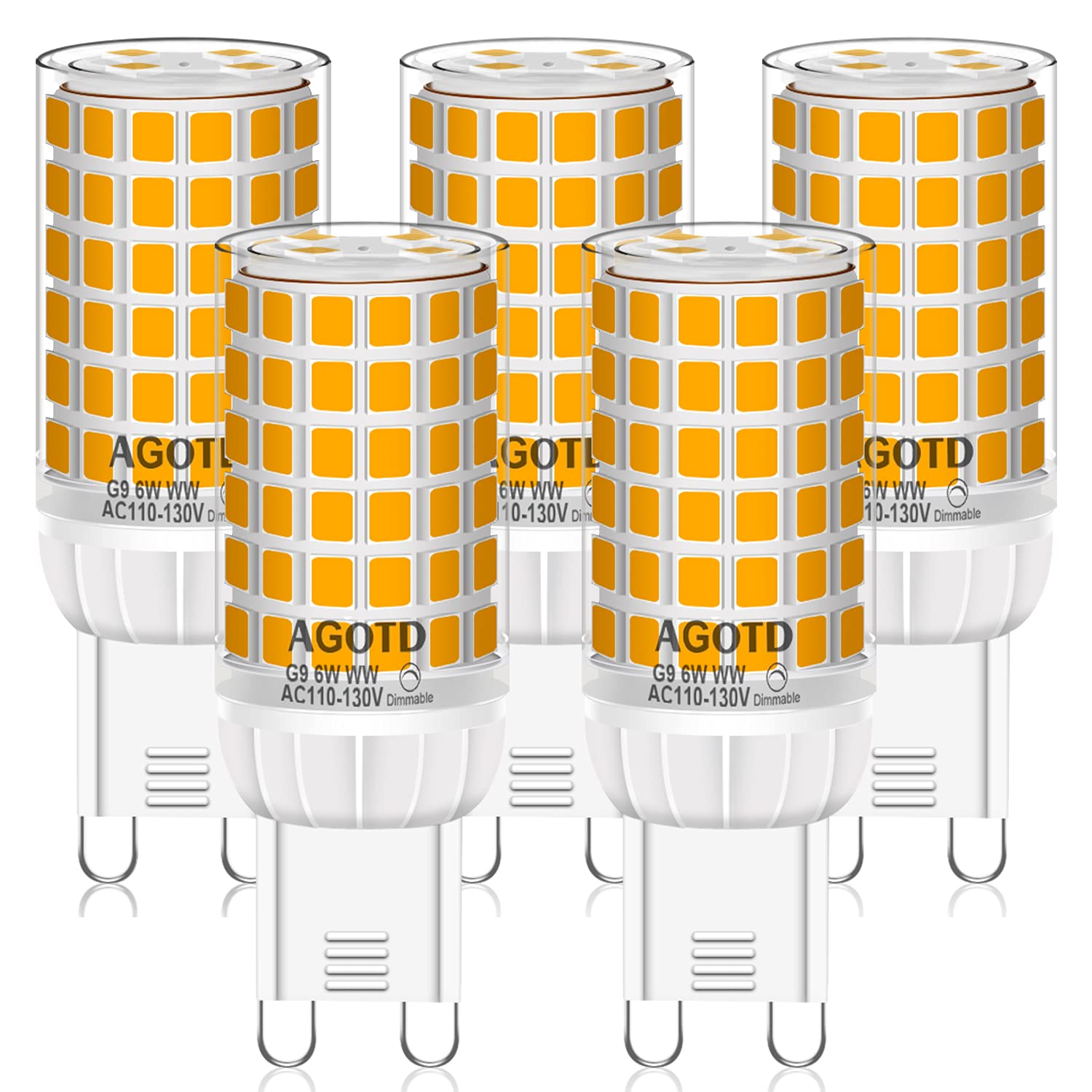 AGOTD G9 LED Bulb 6W, Dimmable Soft Warm White 2700K, 658LM LED Light Bulb, T4 40W 50W 60W Halogen Replacement G9 Bi Pin Base, No-Flicker, Chandelier Lighting, 5 Pack