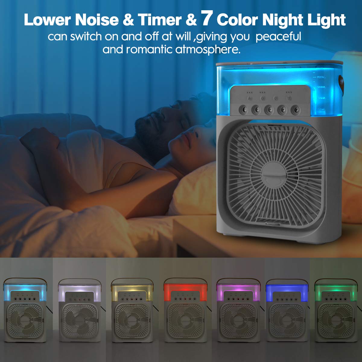 Portable Air Conditioner Fan,900ML Personal Air Conditioner with Ice Tray,5in1 Timming Evaporative Air Cooler,Cooling Fan with 7 Colors Light, 5 Sprays,3 Speeds,Ac Fan for Small Room,Office,Car,Camp (White)