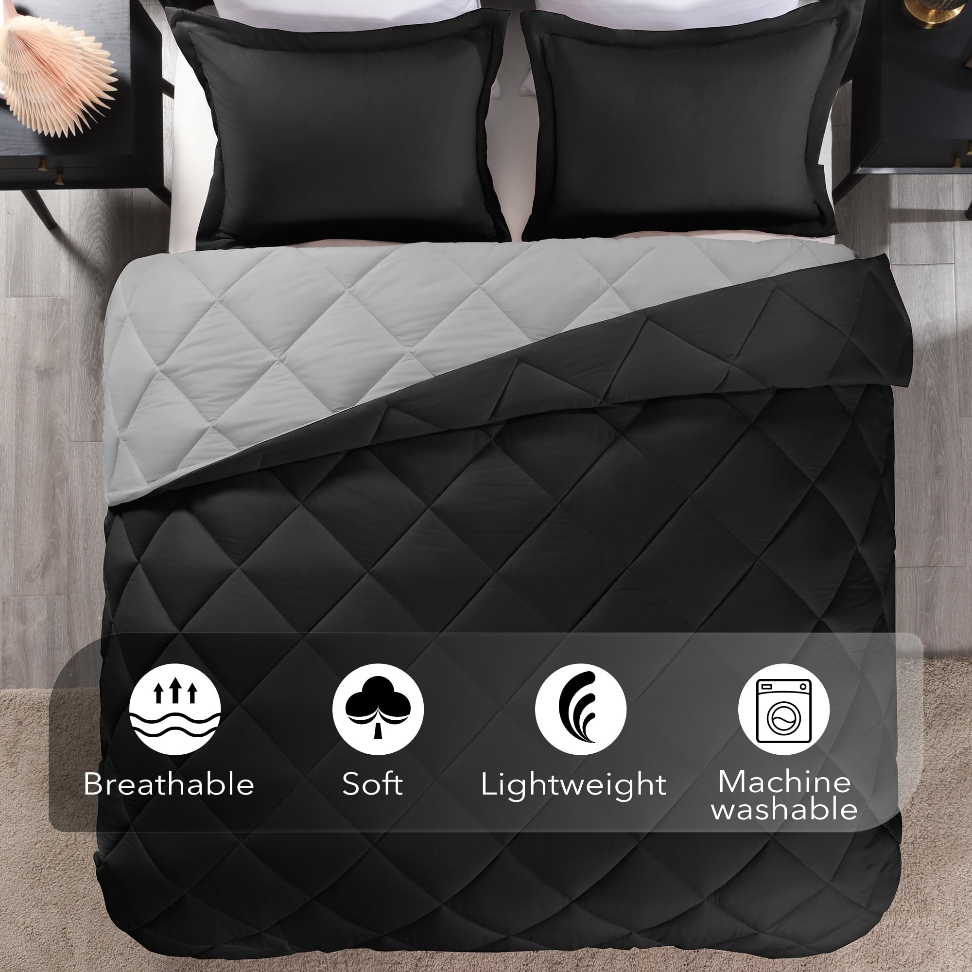 downluxe Queen Comforter Set - Black and Grey Comforter Set Queen, Soft Bedding Sets for All Seasons -3 Pieces - 1 Comforter (88"x92") and 2 Pillow Shams(20"x26")