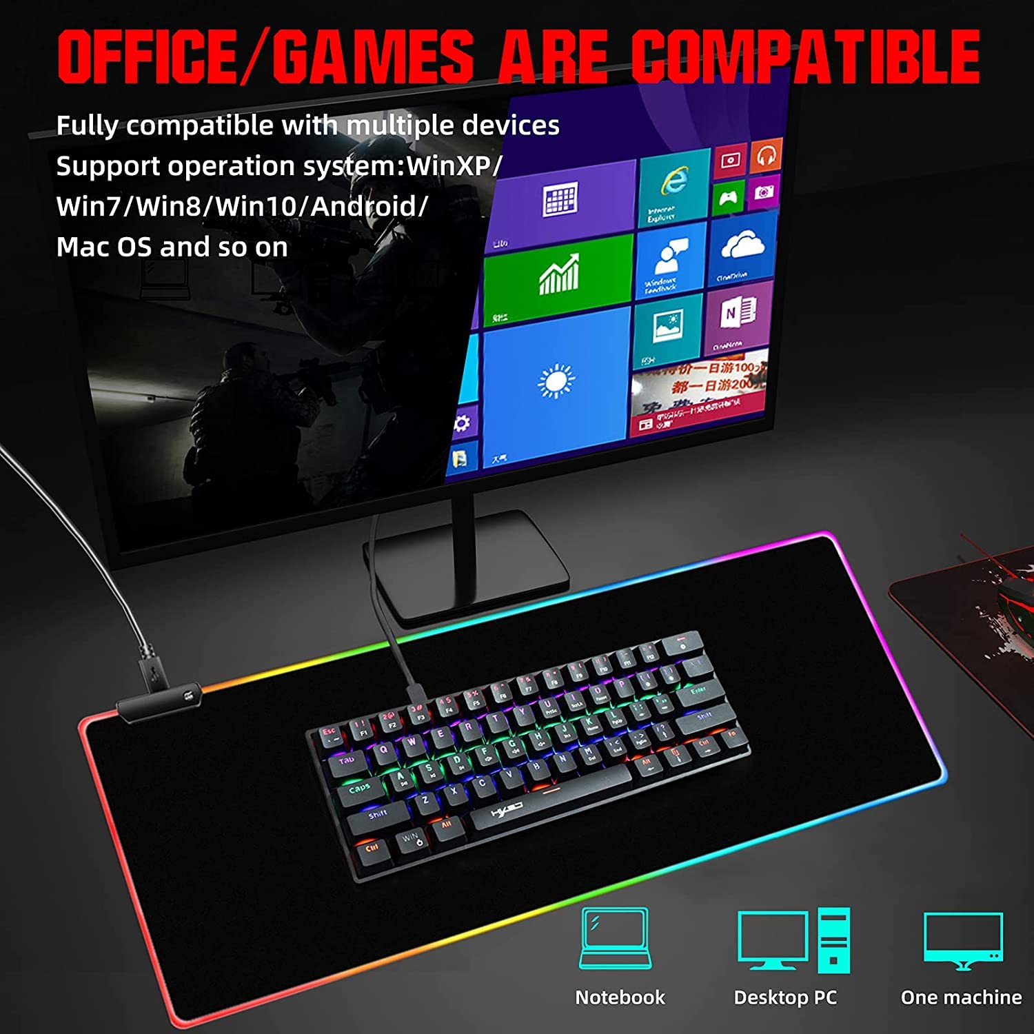 AiLOVEREN 60% Mechanical Gaming Mini Keyboard and Large Mouse Pad Combo, Wired 61 Key Compact RGB Multi Color Backlit Gaming Keyboard with Blue Switch for Gamer/Typist