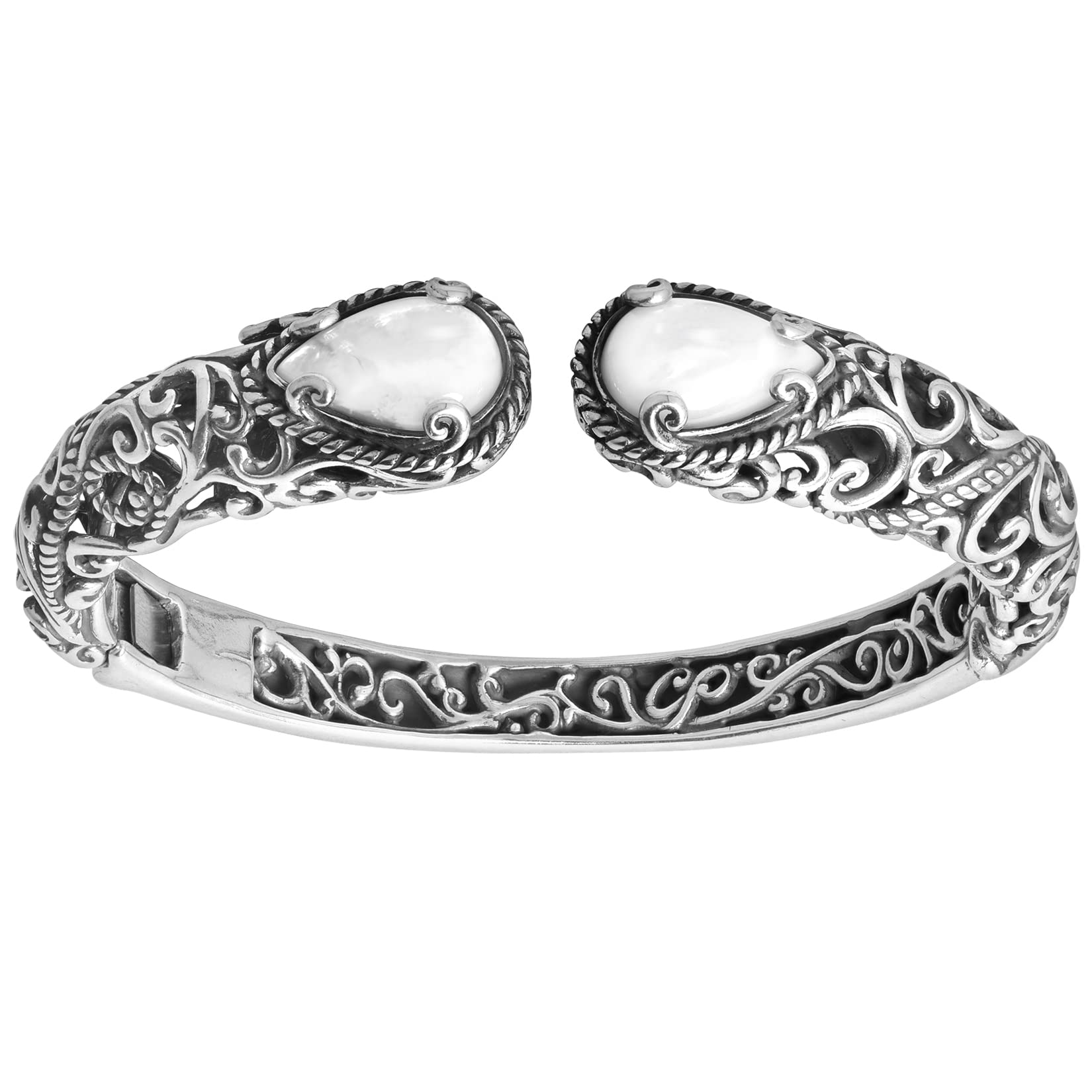 American West Sterling Silver Women's Cuff Bracelet White Mother of Pearl Gemstone Filigree Design Size M