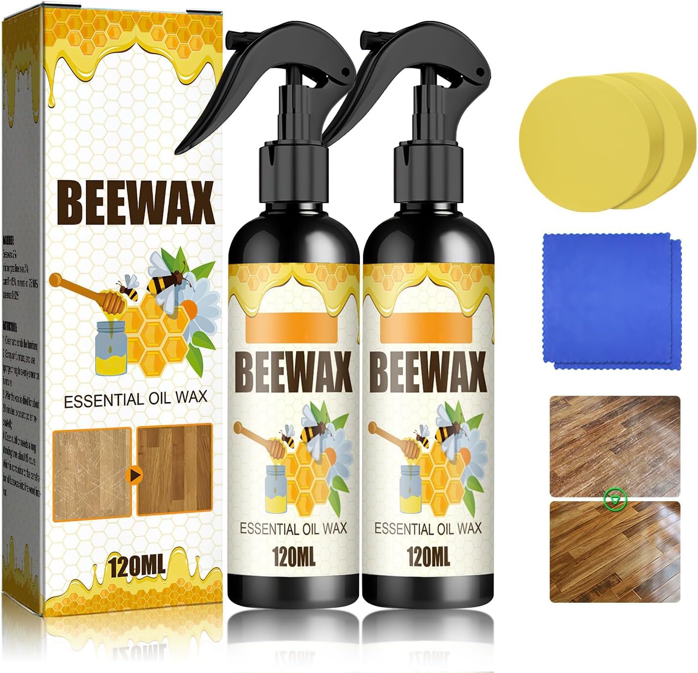 Natural Beeswax Spray,Beeswax Spray Cleaner,The Original Beeswax Spray Furniture Polish And,Beeswax Polish Spray Used to care for living rooms,kitchens,wood furniture floors (2PCS)