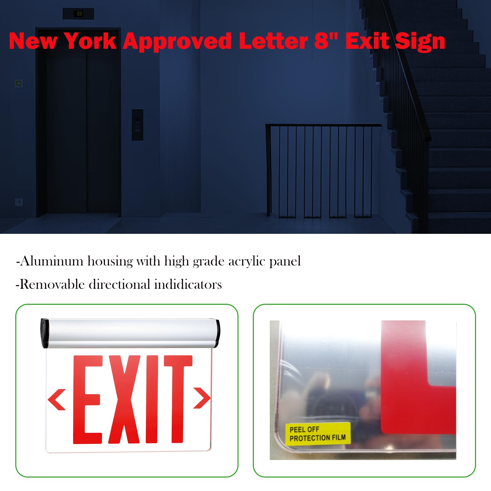 Garrini New York Approved Letter 8" Exit Sign Emergency Light Replaceable Acrylic Panel Removable Directional Indicator, Single and Double Face Optional, Fire Resistant UL Certified GMSEL-200