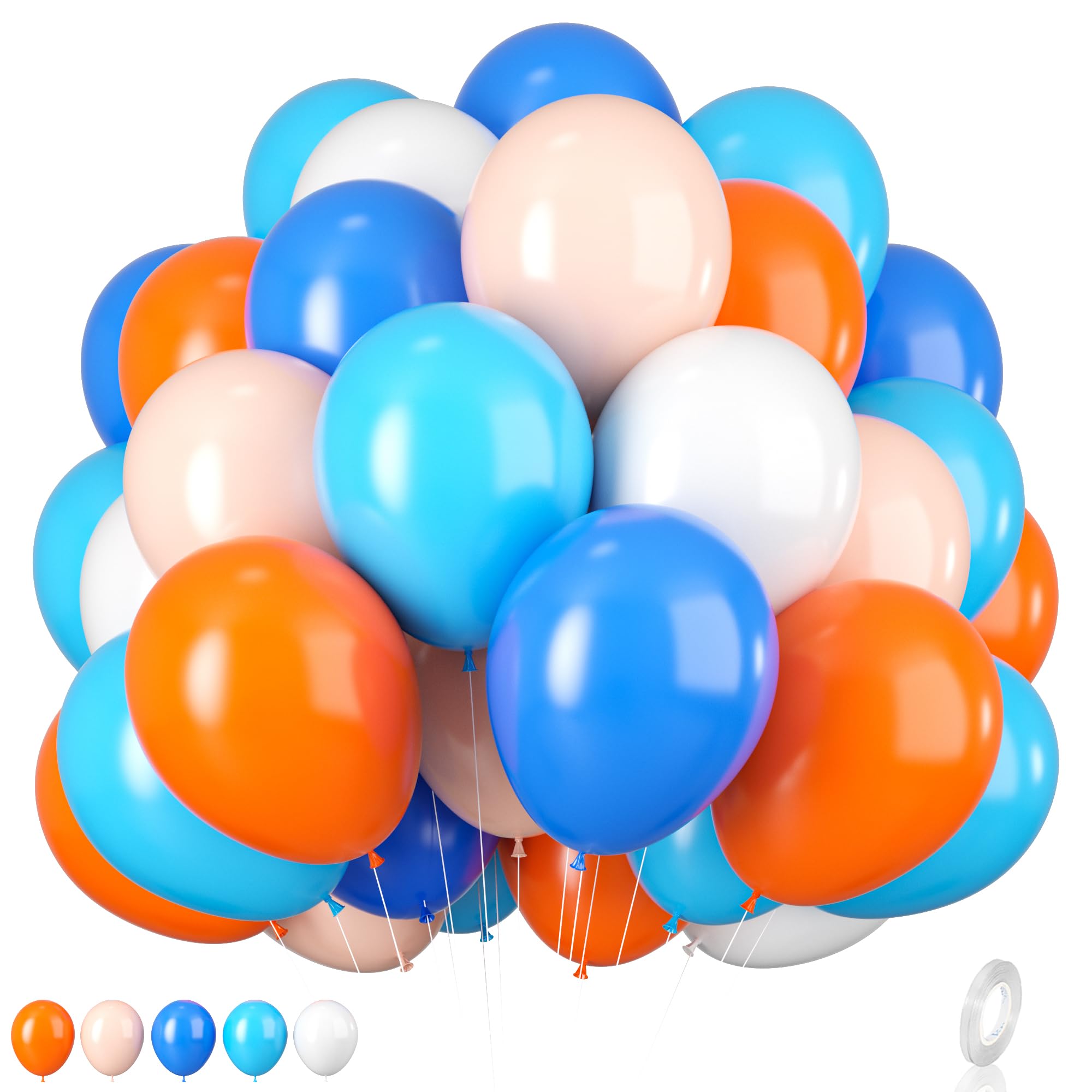 Orange and Blue Balloons, 12 Inch Orange White Blue Balloons Pastel Orange Royal Blue White Balloons with Ribbons for Birthday Baby Shower Graduation Engagement New Year Party Decorations