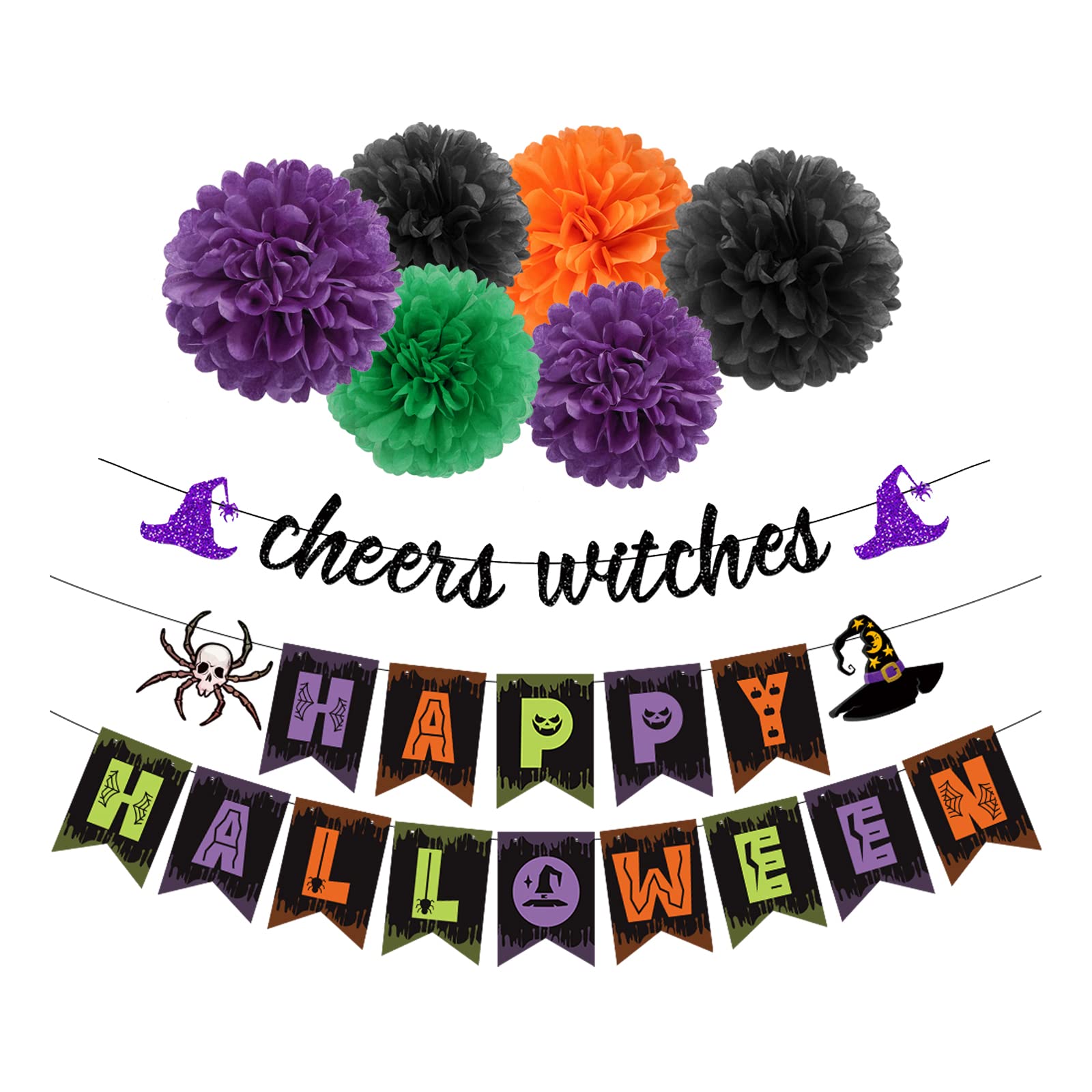 Black-Orange Green-Purple Halloween Party-Decorations - 8pc Kit Happy Halloween Banner, Tissue Flower Paper Pom Poms Streamers,Cheers Witches Garland,Birthday Bachelorette Baby Shower Lasting Surprise