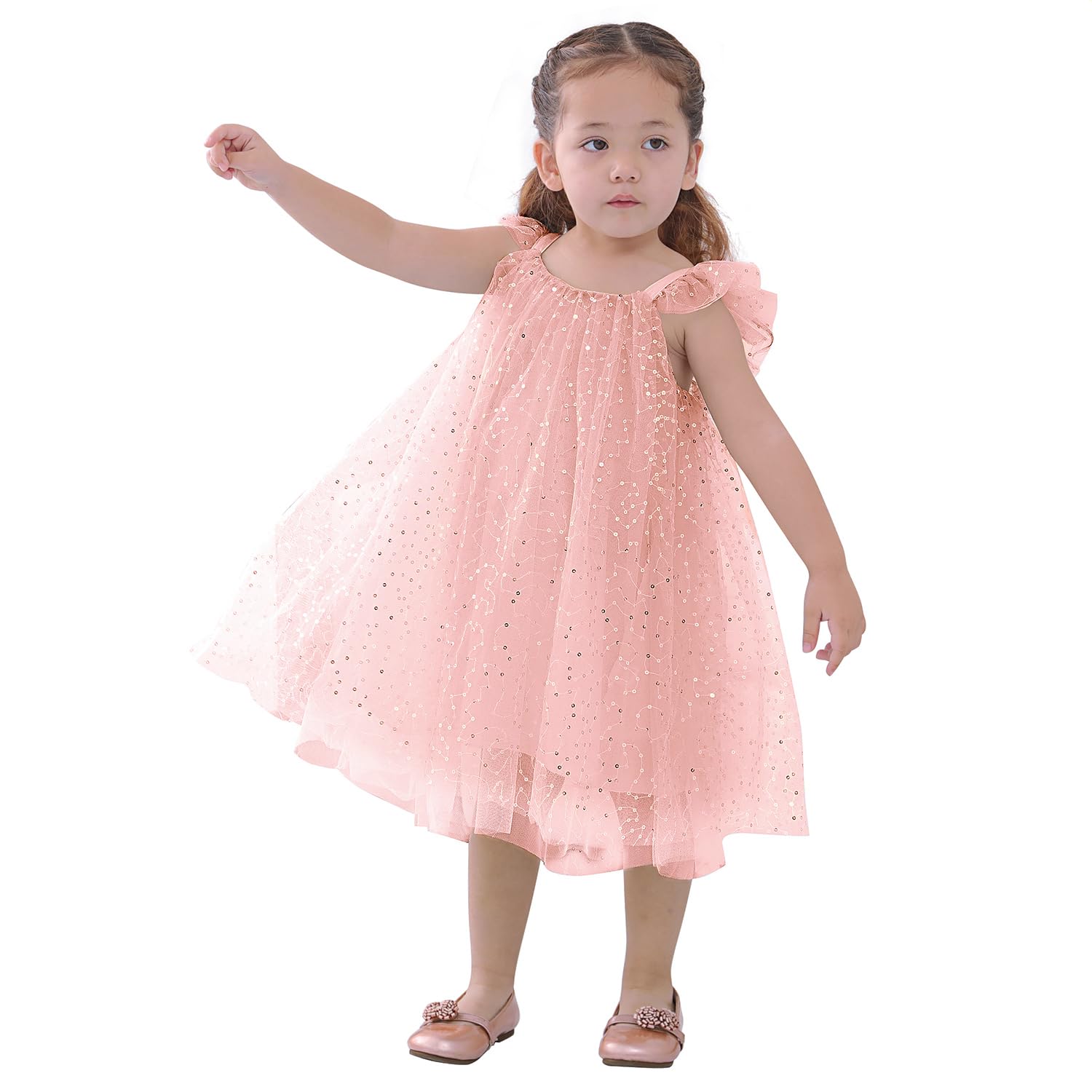 AGQT Toddler Girls Tulle Tutu Dress Flutter Sleeve Sequin Layered Summer Babydoll Birthday Tea Party Gowns Baptism Christening Pageant Sundress Pink-Sequin Dot Size 12-24 Months