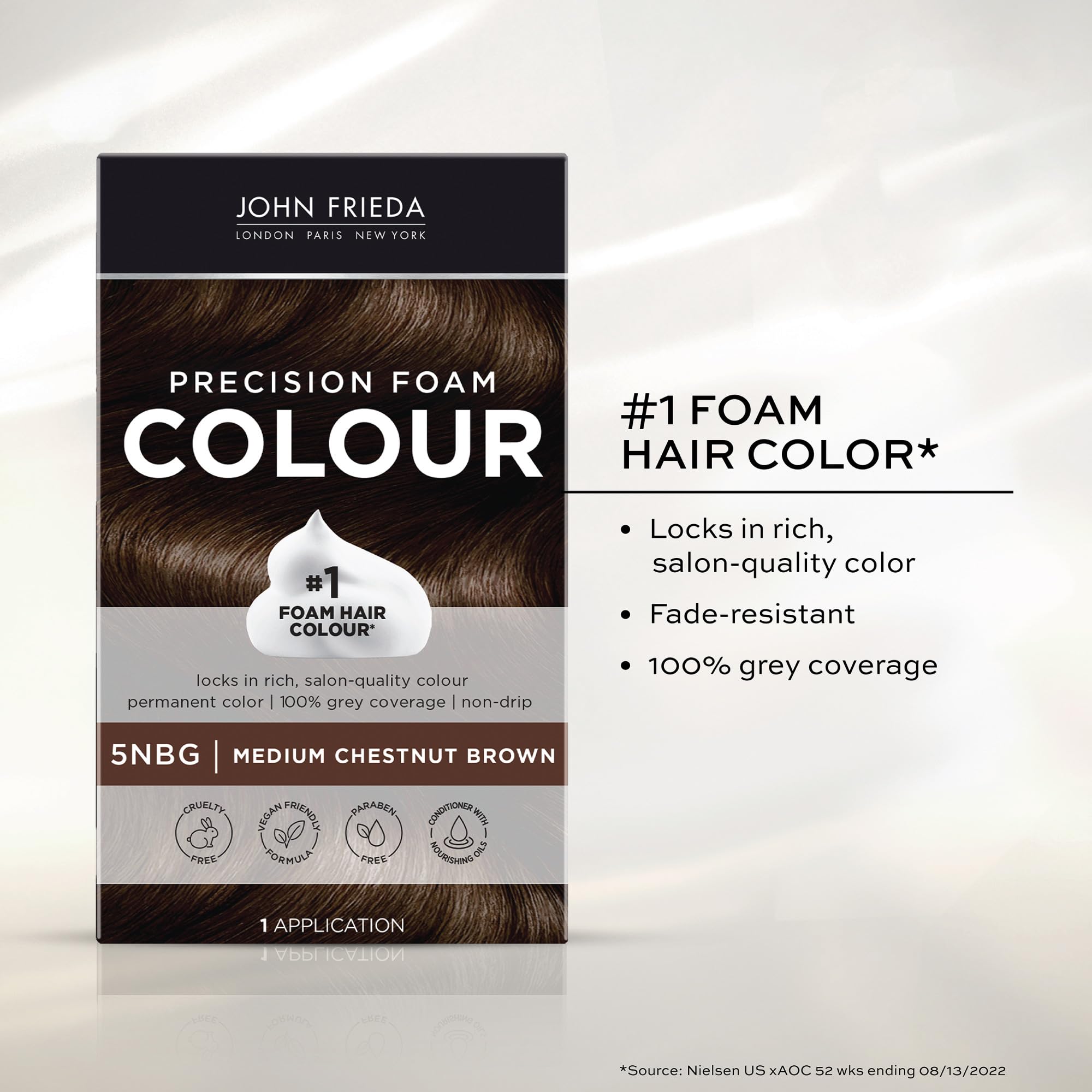 John Frieda Precision Foam Colour, Medium Chestnut Brown 5NBG, Full-coverage Hair Color Kit, Anti-Fade Gray Coverage, Deep Color Saturation Hair Dye, 1 Application