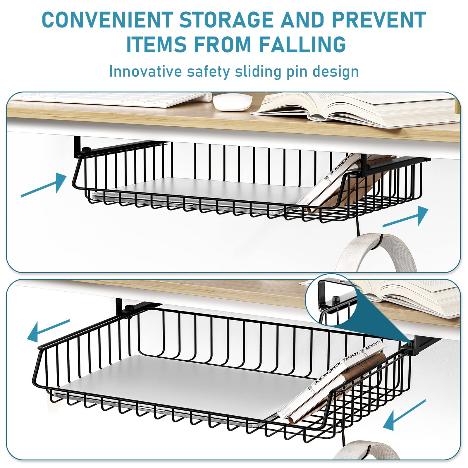 ADWOLT Under Desk Storage Shelf Drawer 1 Pack No Drill Metal Table Cable Basket Drawer Slide Out for Storing Extension Cords,Set Top Box,Under Desk Cable Management Organizer Rack for Home