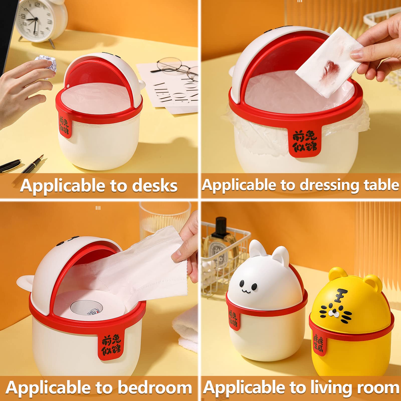 Benshukam Cute Rabbit Countertop Trash Can 0.35 Gallons Mini Desktop Trash Can Flip Trash Can for Bathrooms, Kitchens, Offices, Waste Basket for Dressing Table (White)
