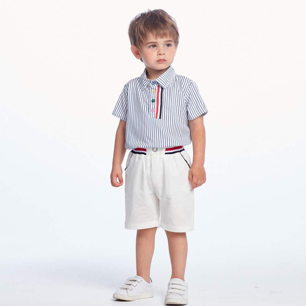 Top and Top Toddler Baby Boys Short Sleeve Button Down Blue Striped Shirts Short Pants Clothing Sets (110/4T)