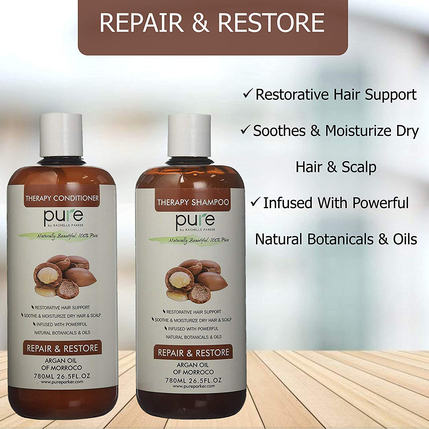 PURE Shampoo and Conditioner Set, HUGE 26.5 oz. Each Extra Strength Formula with Keratin & Dead Sea Minerals, Moisturizes Dry & Damaged Hair (Argan Oil Shampoo & Conditioner)