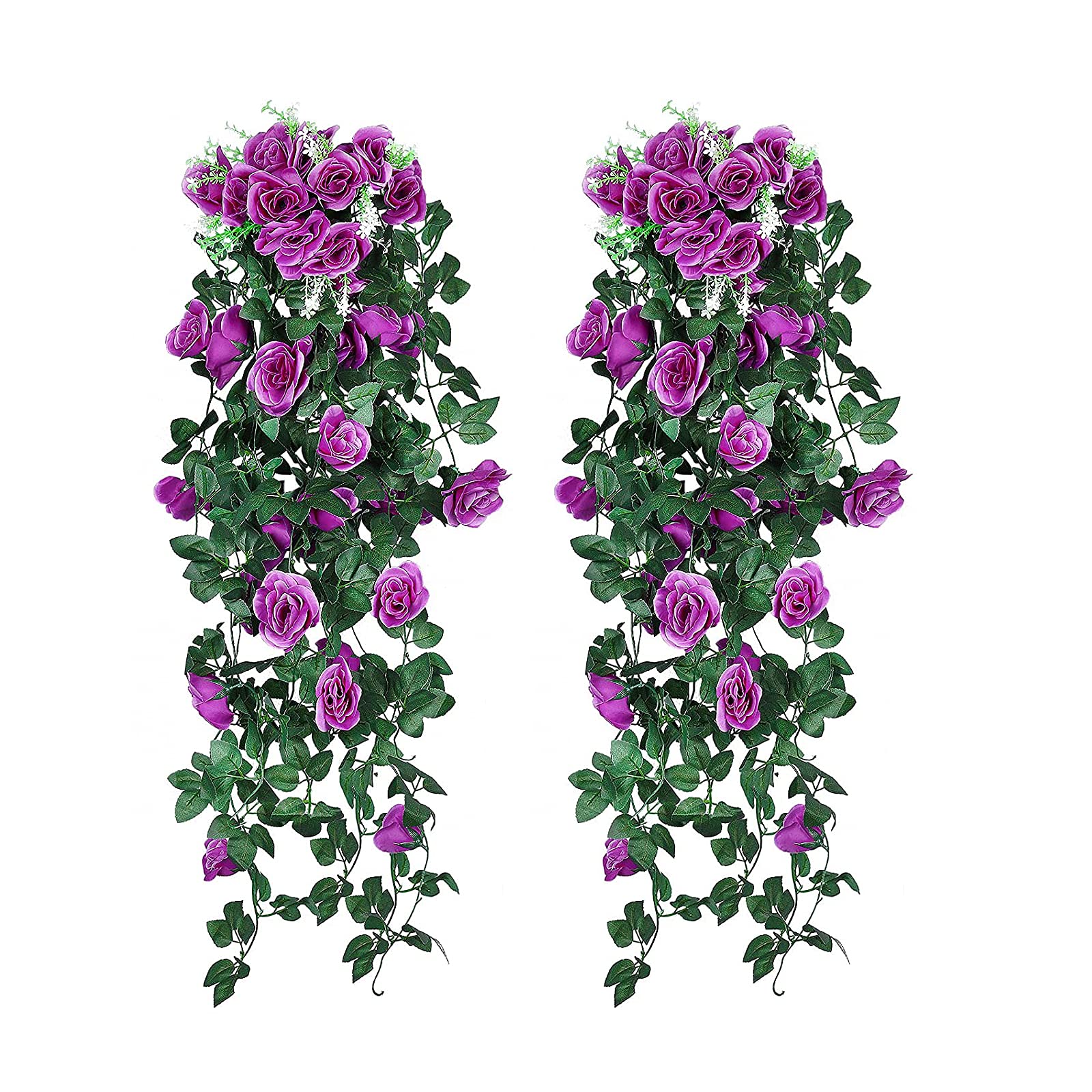 Haoyuetch 2PCS Artificial Rose Vine Flowers with Green Leaves,3Ft Hanging Rose Ivy Plants for Home Wedding Party Garden Wall Decoration (Purple)