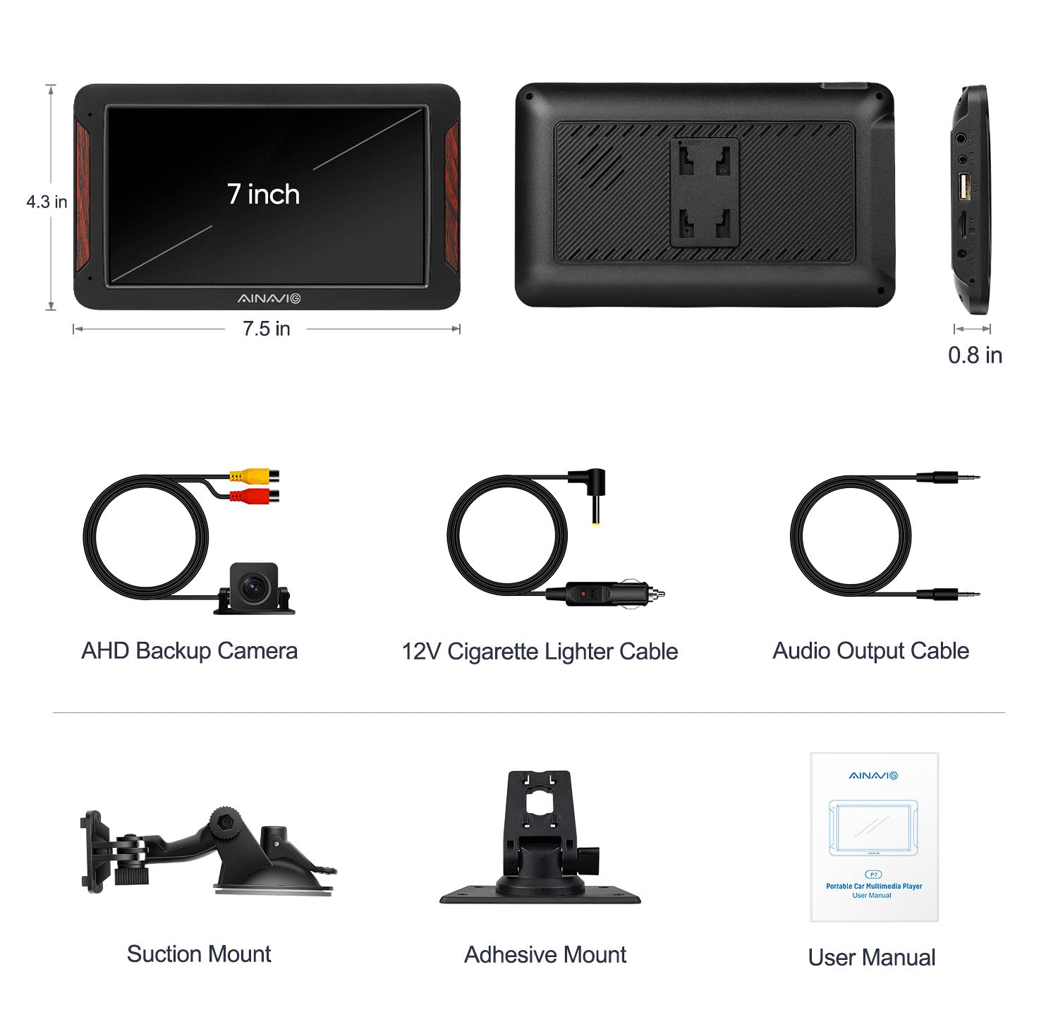 AINAVIGO Portable Car Radio with Apple Carplay & Android Auto, Wireless Car Play 7'' Touch Screen Car Stereo with Bluetooth and Backup Camera, GPS Navigation, Mirror Link, FM, Carplay Screen for Car