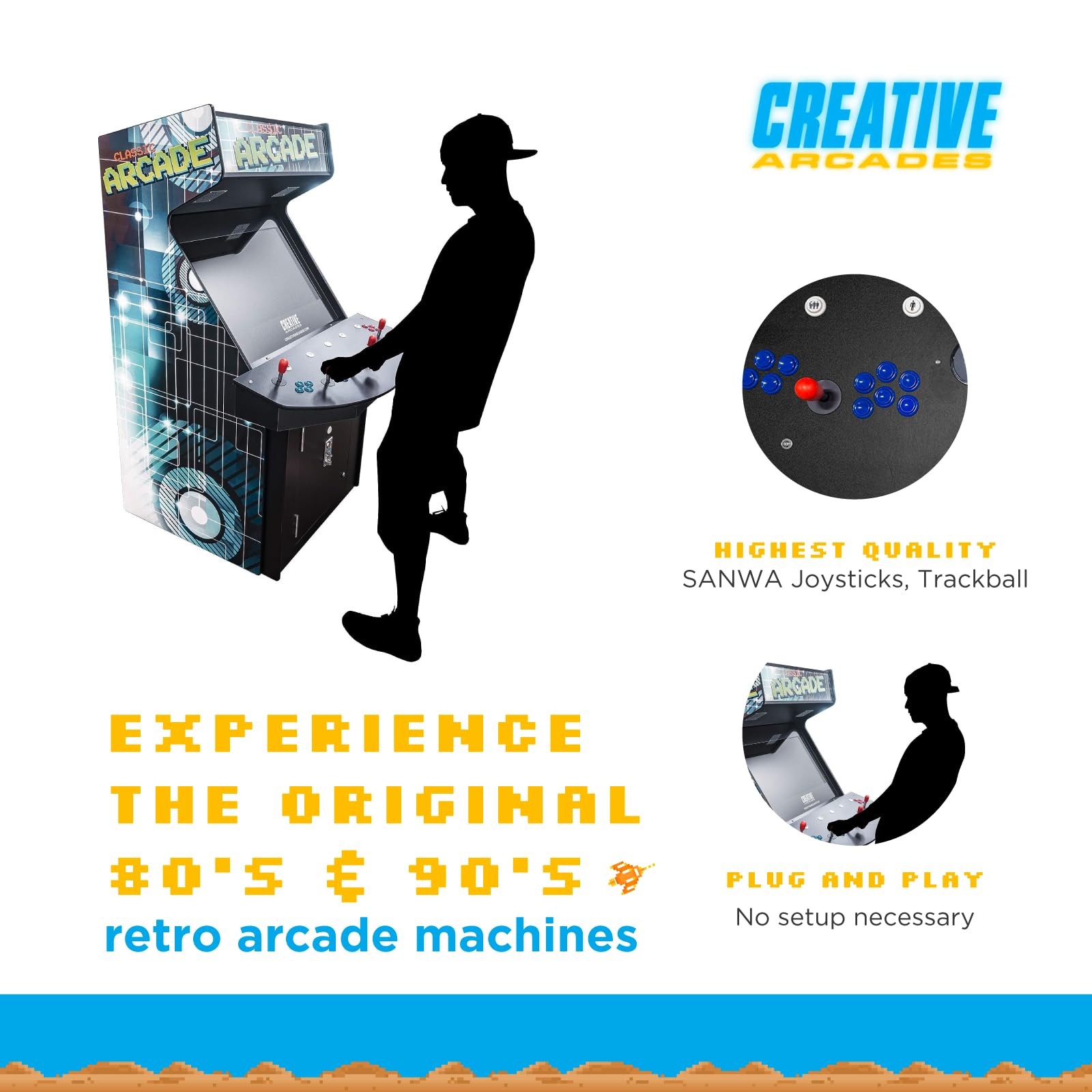 Creative Arcades Full Size Stand-Up Commercial Grade Arcade Machine | 4 Player | 3500 Games | 32" LCD Screen | 4 Sanwa Joysticks | Trackball | 2 Stools Included | 3 Year Warranty