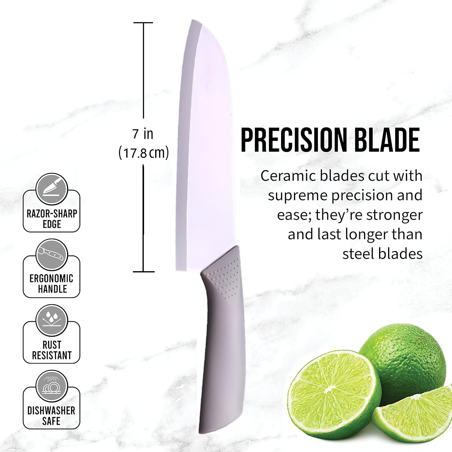 Beolee.Dan Ceramic Santoku Knife 7 Inch - High-Precision Ceramic Blade for Meats, Fruits, and Vegetables - Durable Ceramic Blade with Protective Sheath - Ceramic Knives (Sky Grey)