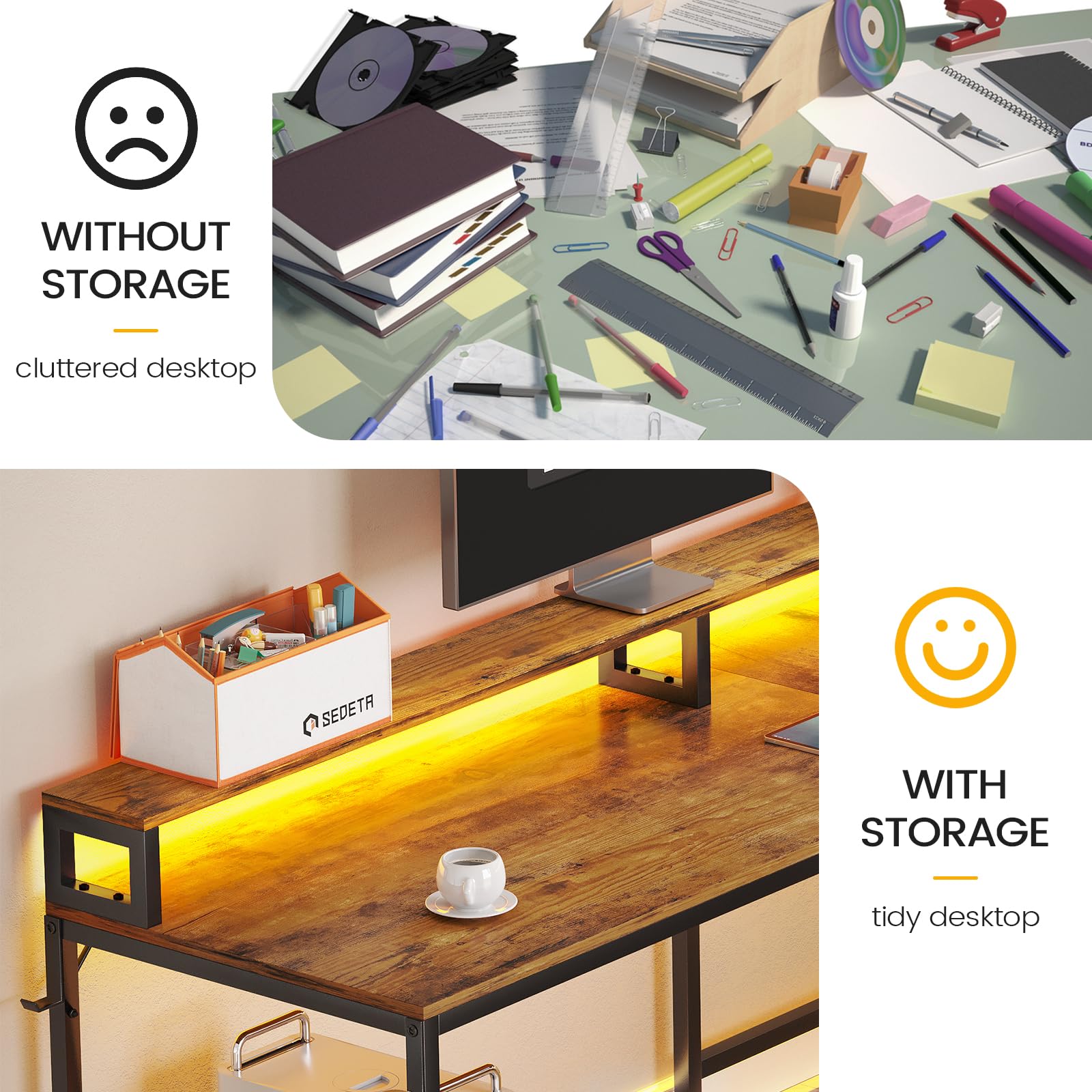 SEDETA L Shaped Desk, 66" Home Office Desk with File Drawer & Power Outlet, Gaming Desk with Led Lights, Corner Computer Desk with Monitor Shelf, Printer Storage Shelves, Two Person Desk, Rustic Brown