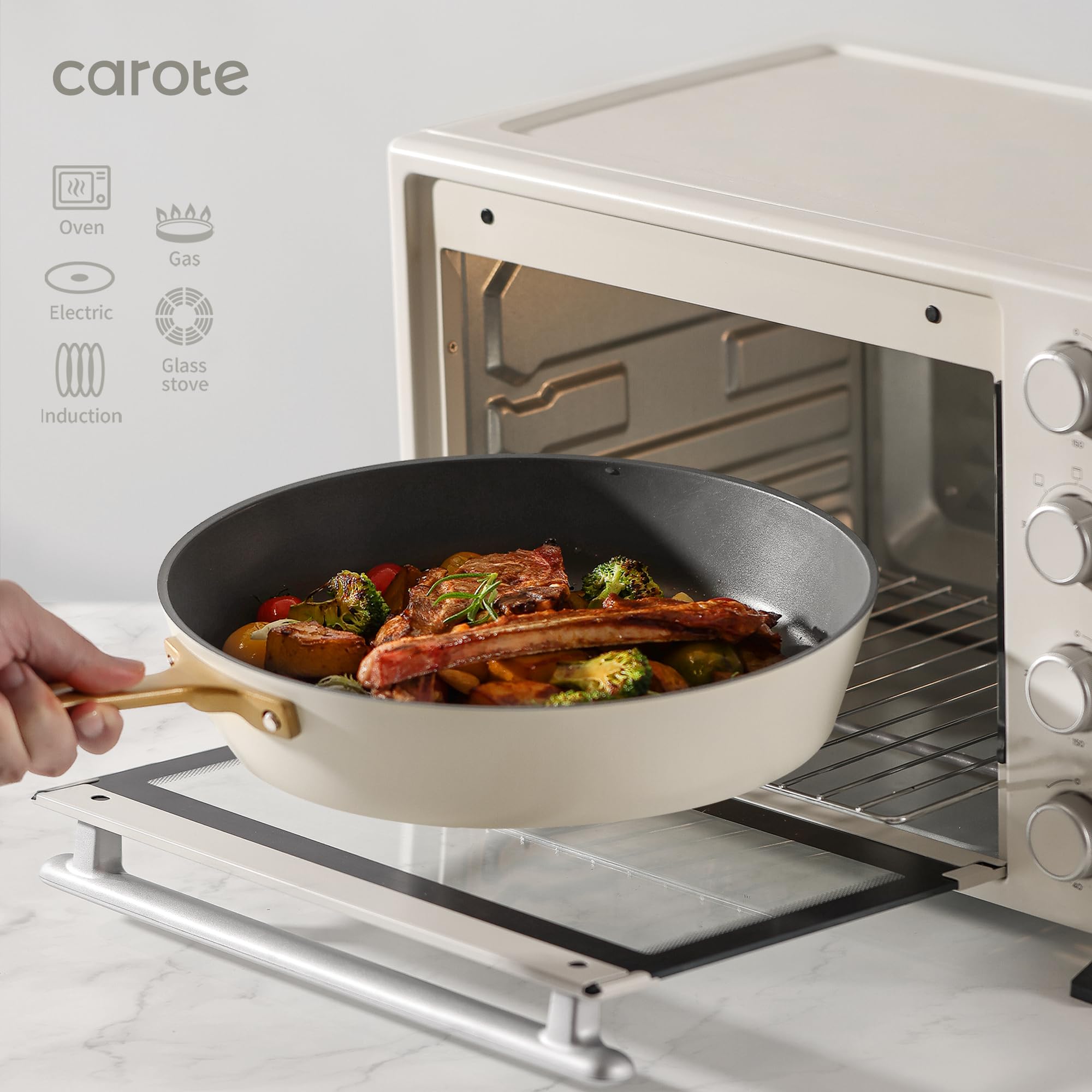 CAROTE 12PCS Saudi Collection Nonstick Cookware Set, Pots and Pans Set Non Stick, Dishwasher Safe, Oven Safe Up to 500ยฐF, Cream and Gold
