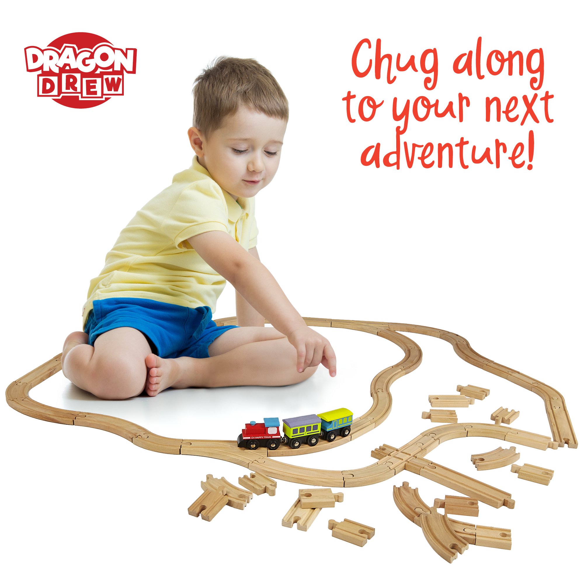 Dragon Drew Wooden Train Tracks - 55 Piece - Compatible with Brio, Thomas, Chuggington and All Major Brands – Accessories and Expansion Kit Includes 52 Tracks and 3 Cute Cars