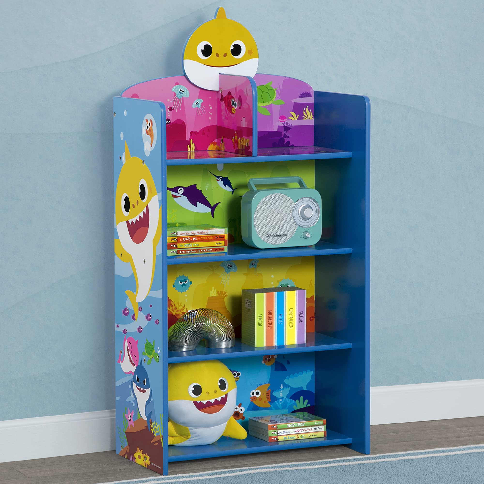 Delta Children Wooden Playhouse 4-Shelf Bookcase for Kids, Baby Shark, 10.23"D x 19.88"W x 40.35"H