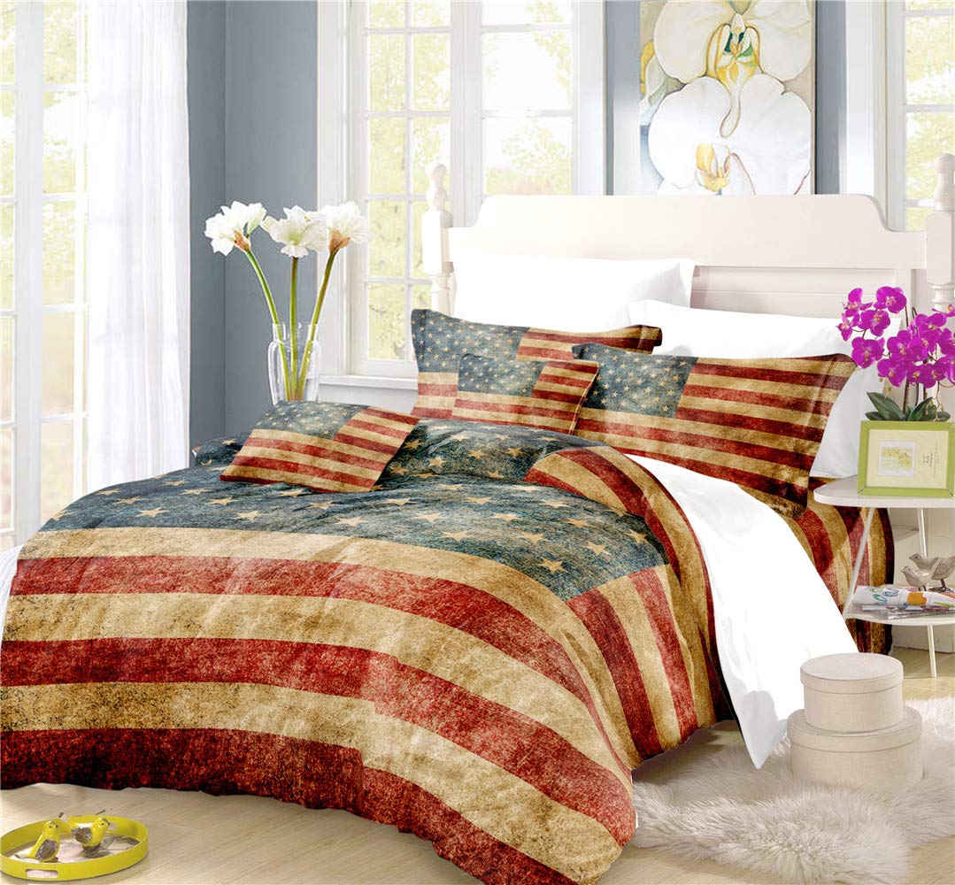 REALIN Vintage Stars and Stripes Duvet Cover Set Rustic American Flag Patriotic Bedding Red White Blue Bed Sets 3/4PCS Quilt Covers/Sheets/Pillow Shams,Twin/Full/Queen/King (I,King-229x259cm-3PCS)