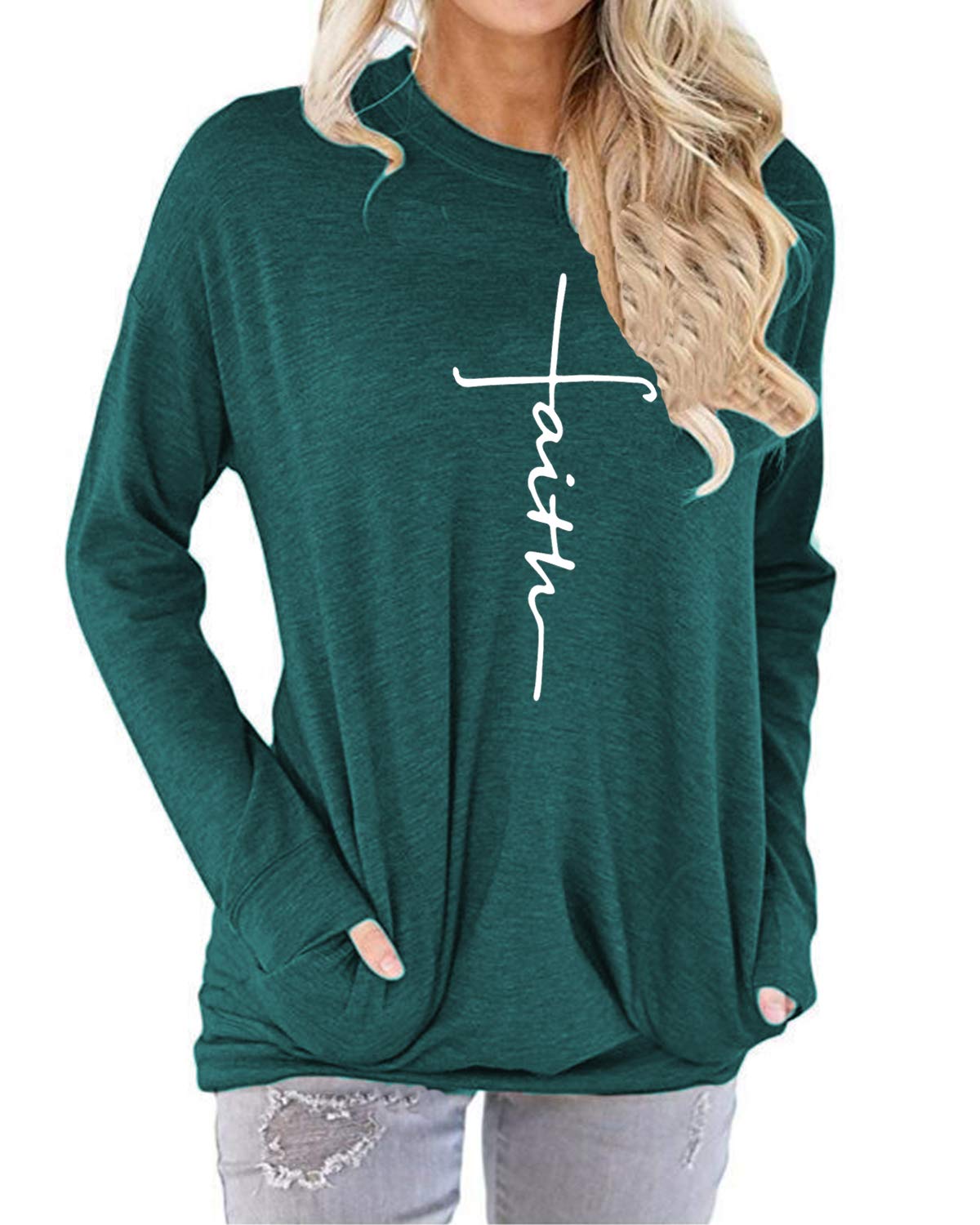 AELSON Women's Casual Faith Printed Round Neck Sweatshirt T-Shirts Tops Blouse with Pocket