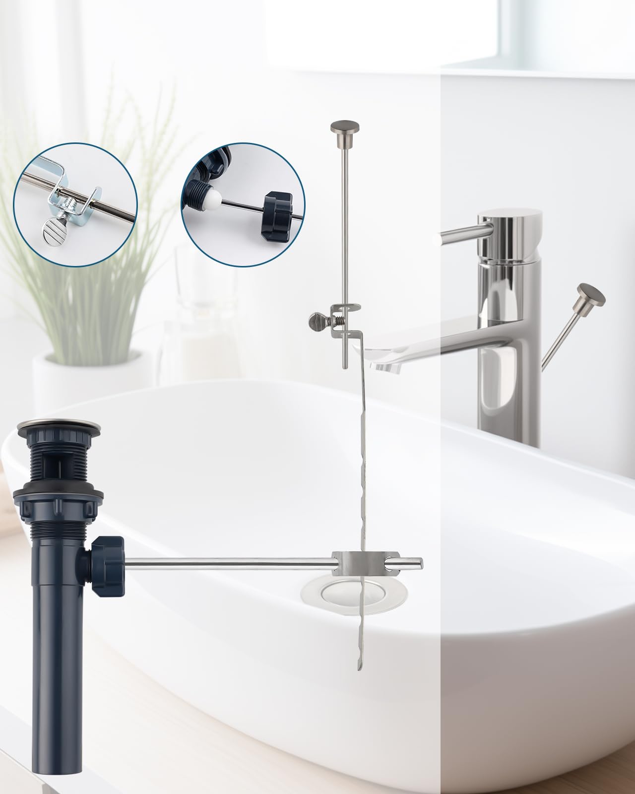 Bathroom Sink Drain with Lift Rod, Pop Up Sink Drain with Overflow, Brushed Nickel Drain Stopper for Vessel Sink, Assembly for Bathroom Faucet